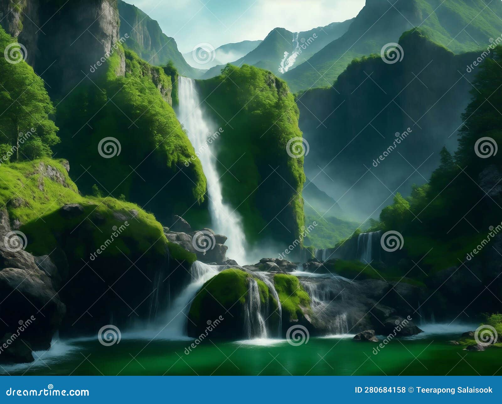 Moutain with Waterfall Green Nature, Generative AI Illustration Stock ...