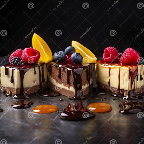 Cheesecakes Topped With Fresh Fruit And Melted Chocolate Stock Illustration Illustration Of