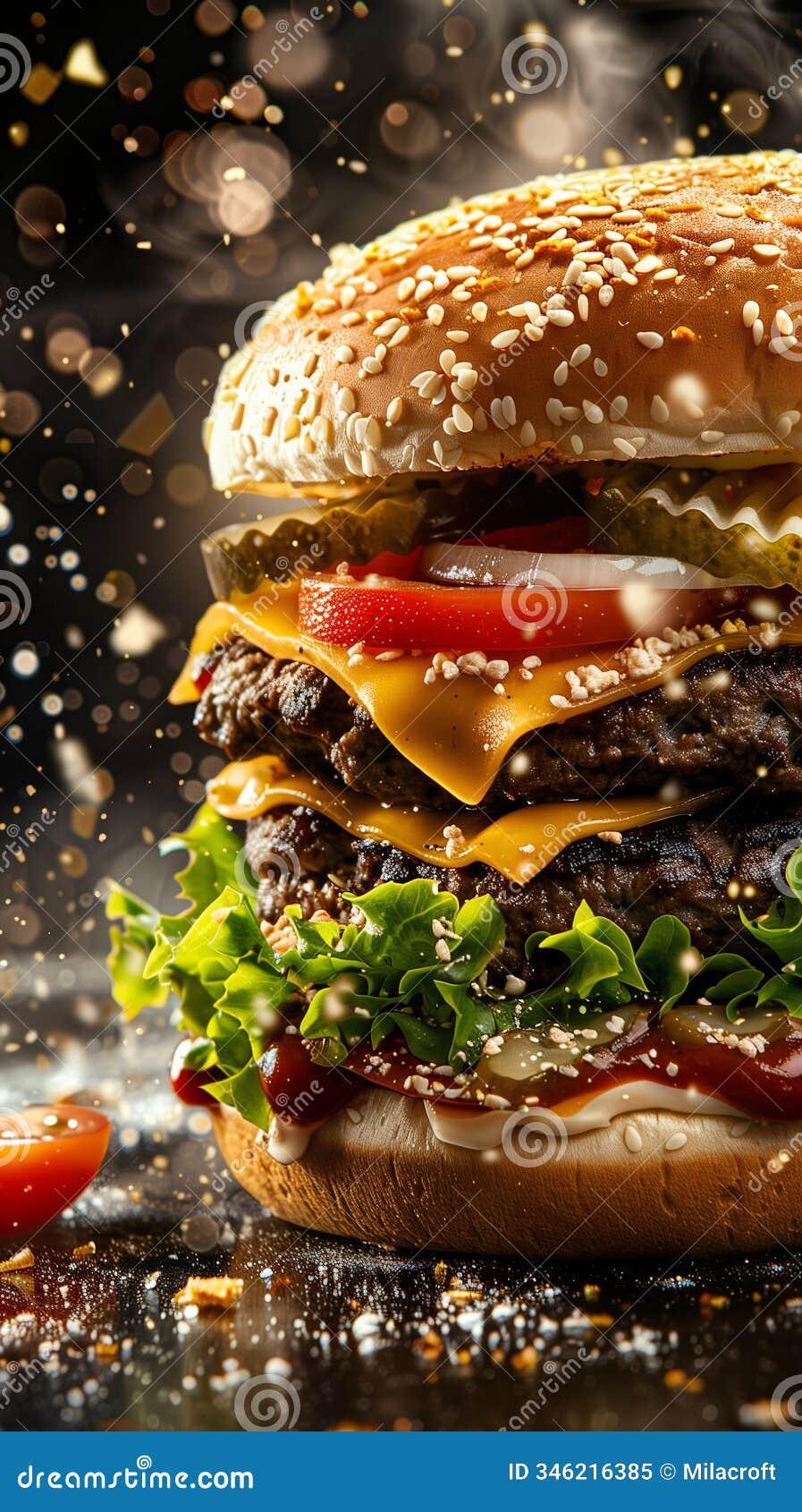 Mouthwatering Double Beef Burger Falling On Black Background Stock ...