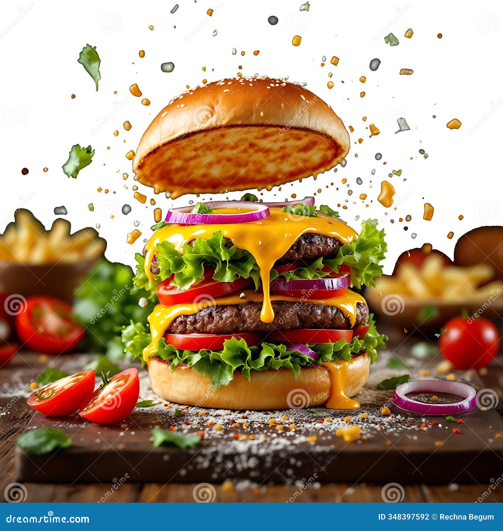 Mouthwatering Gourmet Cheeseburger with Exploding Ingredients Effect ...