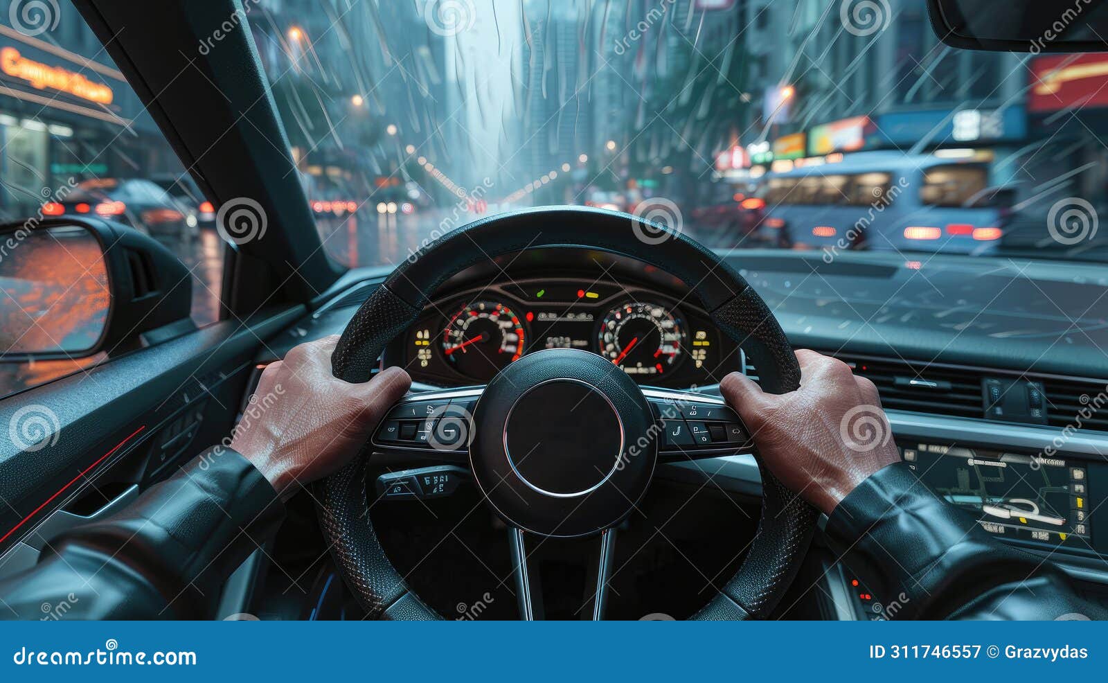 Movement of the Car at Rainy Night at High Speed View from the Interior ...