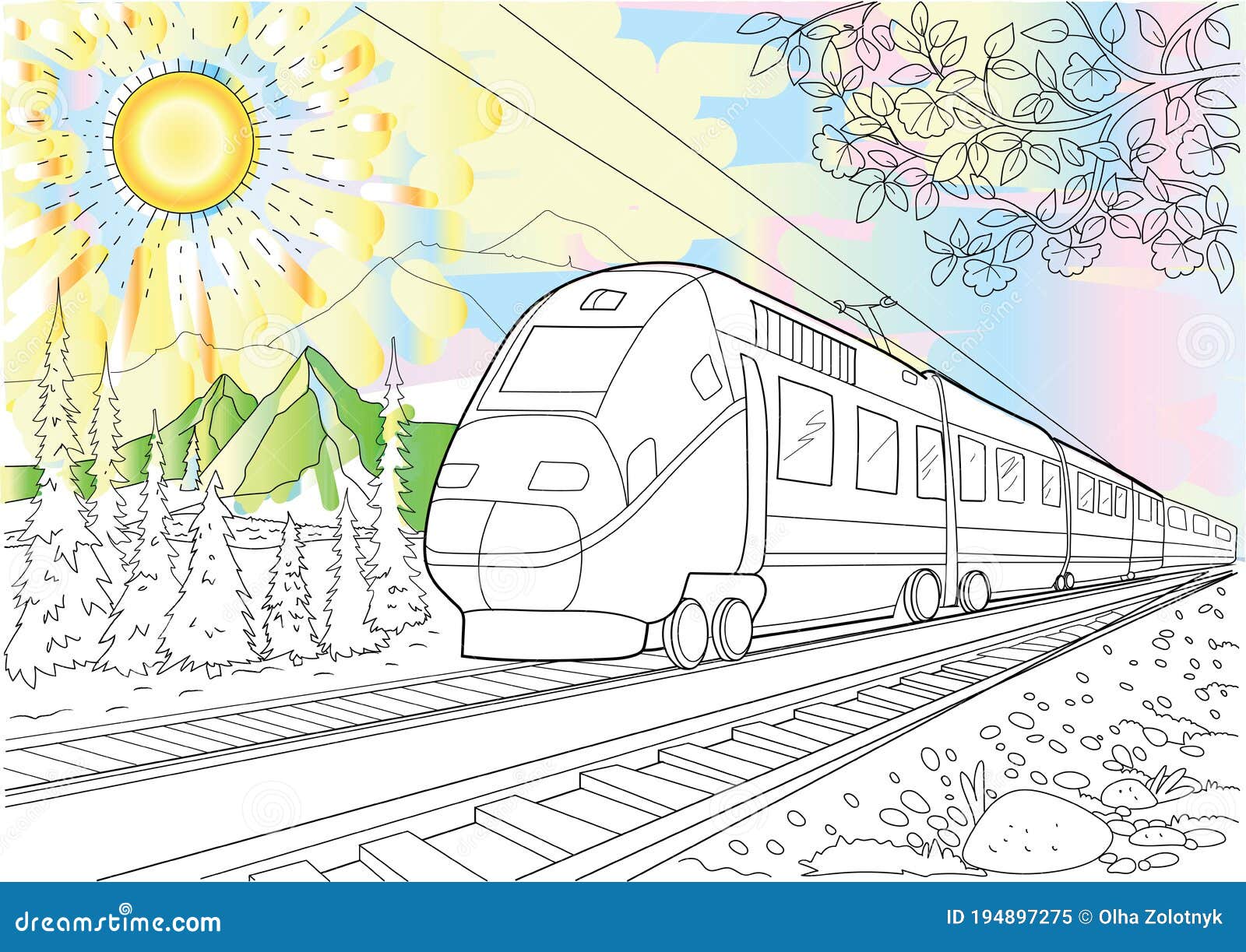 The Movement of the Train Against the Background of Mountains. Coloring ...