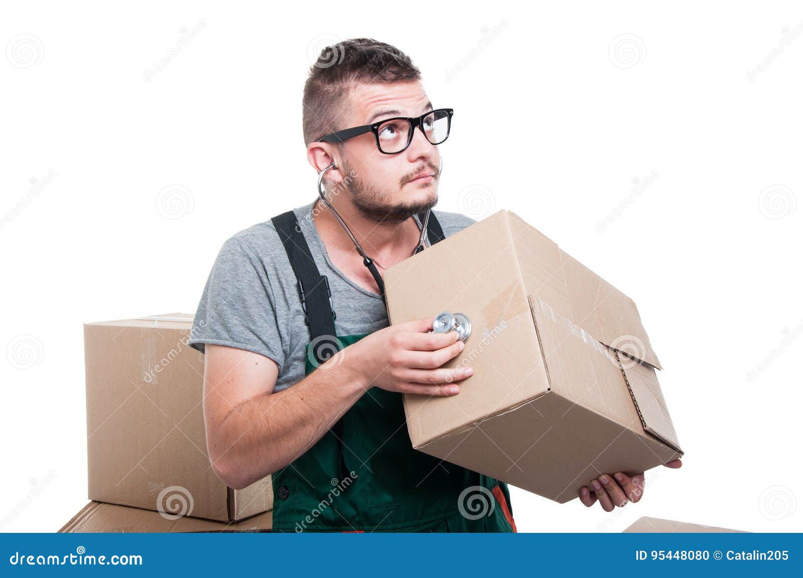 Mover Guy Checking Cardboard Box with Stethoscope Stock Photo - Image ...