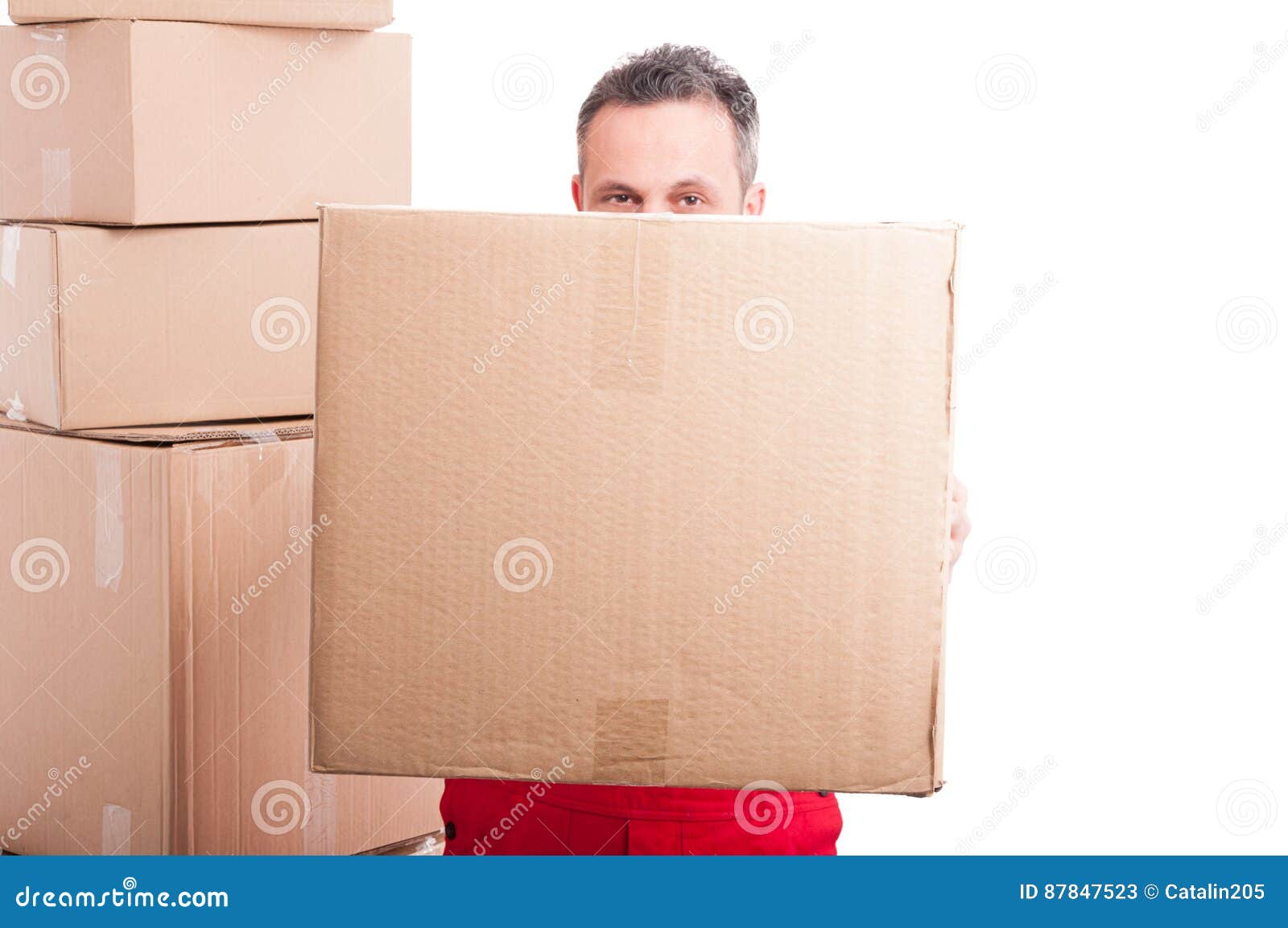 Mover Guy Hiding Behind a Big Cardboard Box Stock Image - Image of ...