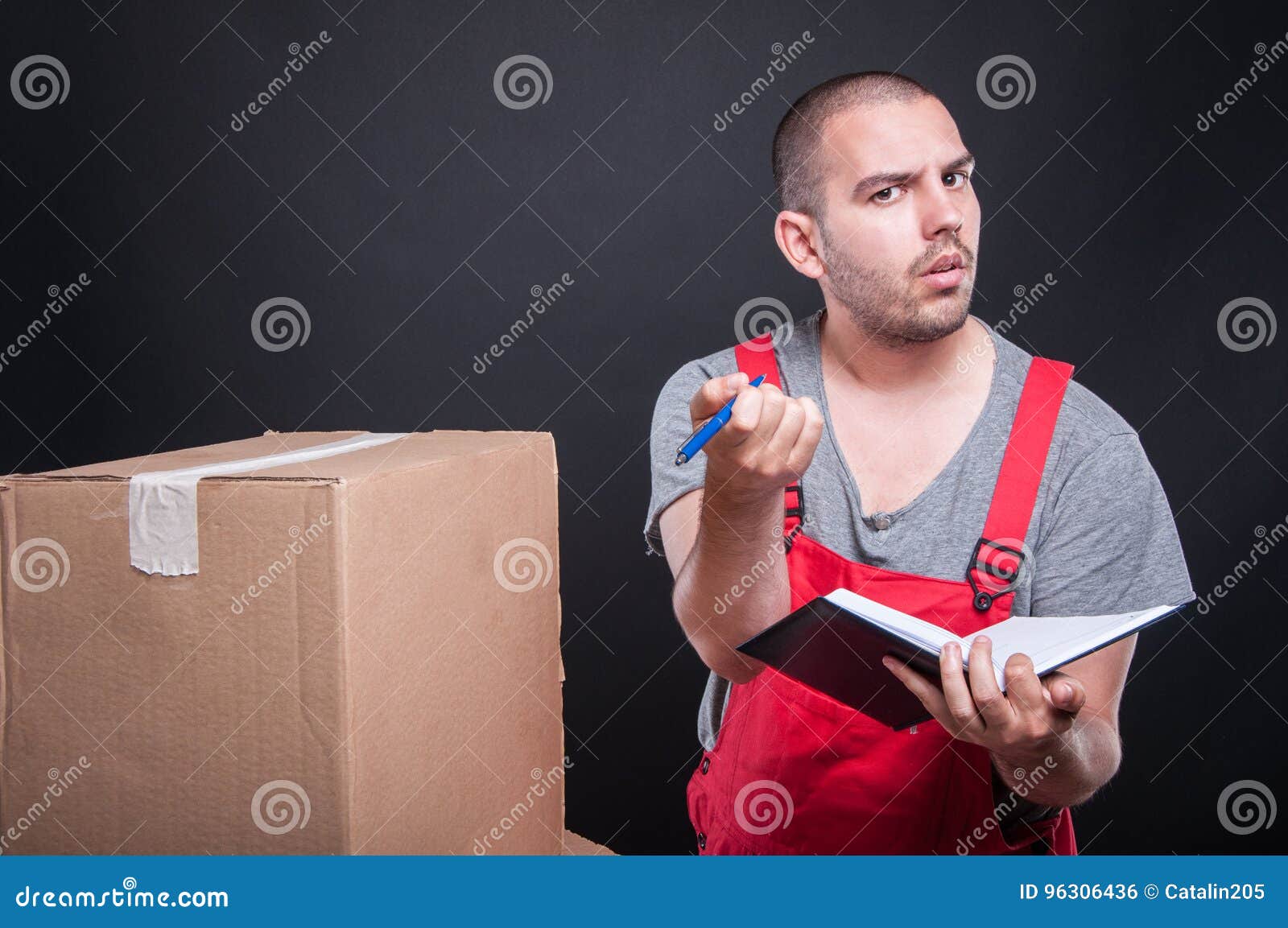 Mover Guy Holding Agenda Asking Information To Write Stock Photo ...