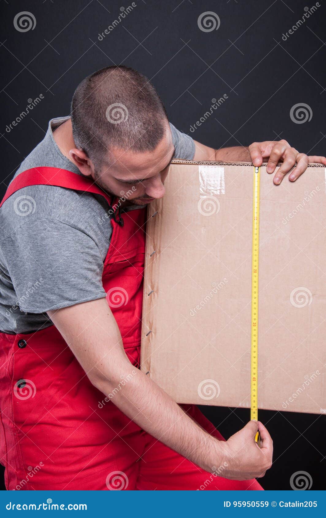 Mover Guy Holding Box Measuring with Tape Stock Image - Image of ...