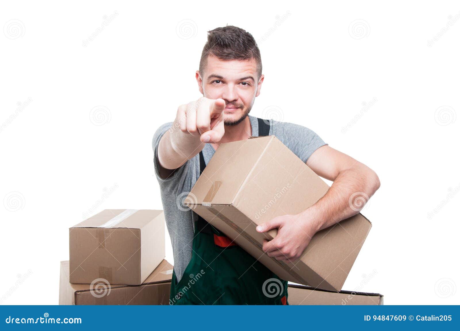 Mover Guy Holding Cardboard Box Pointing Camera Stock Image - Image of ...