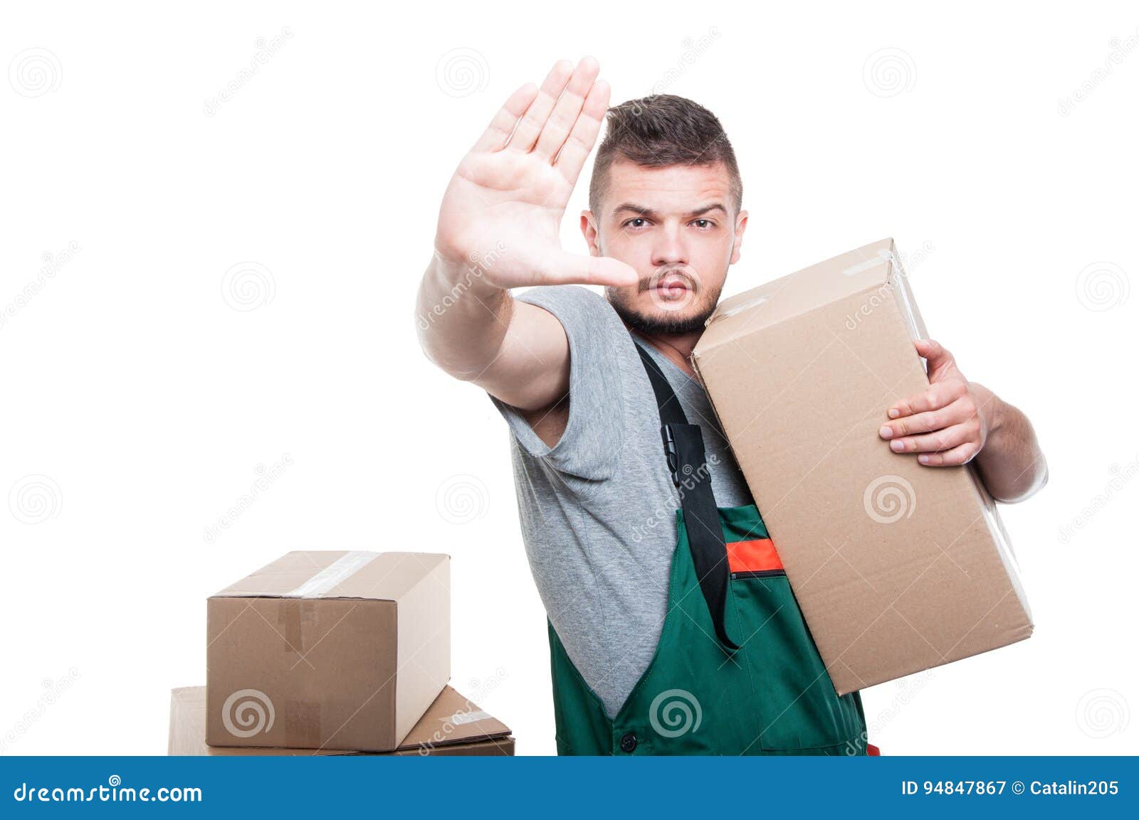 Mover Guy Holding Cardboard Box Showing Stop Gesture Stock Image ...