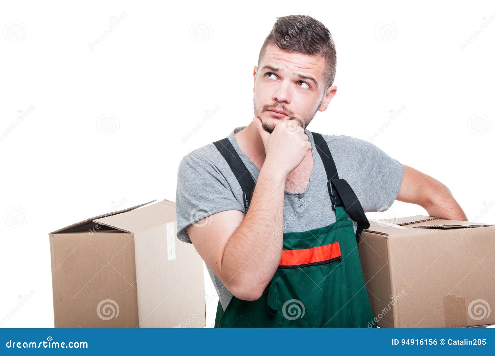 Mover Guy Holding Cardboard Box and Thinking Stock Photo - Image of ...