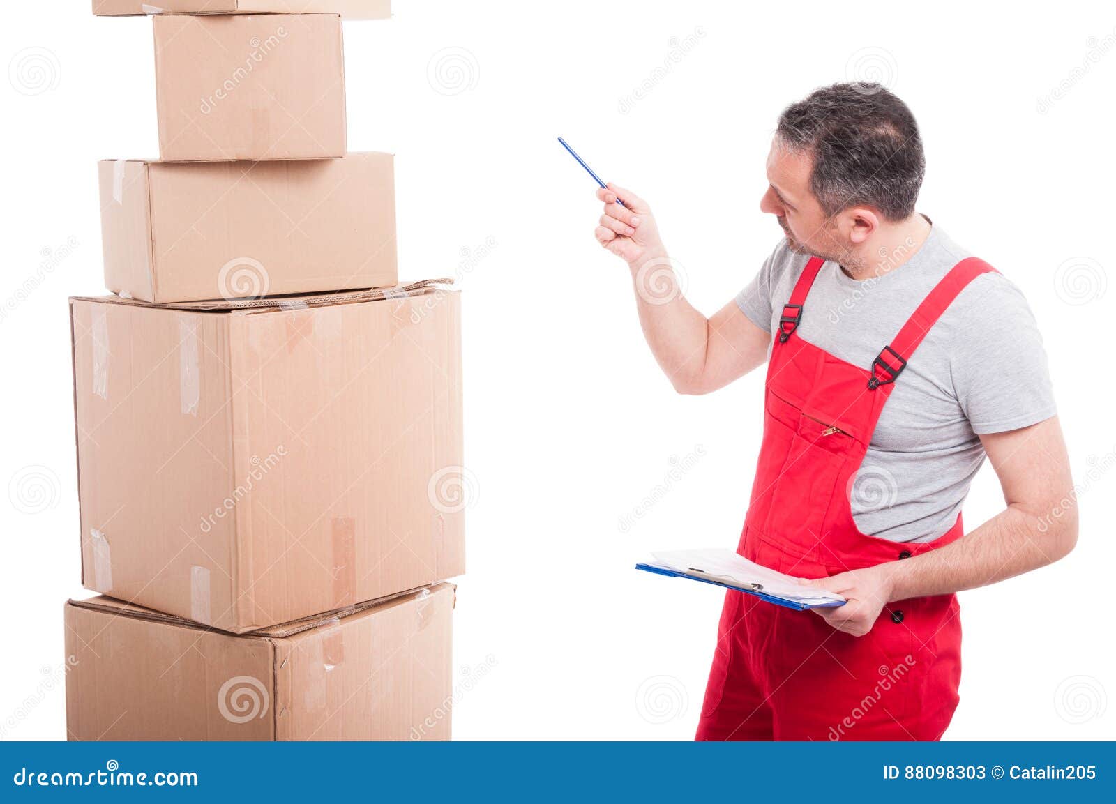 Mover Guy Holding Clipboard and Pointing with Pen Stock Image - Image ...