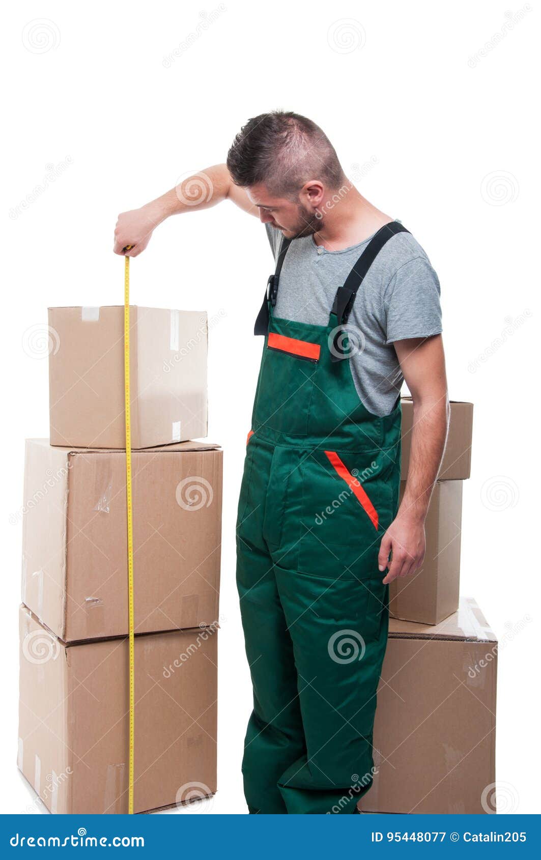 Mover Guy Measuring Bunch of Boxes with Ruler Tape Stock Image - Image ...