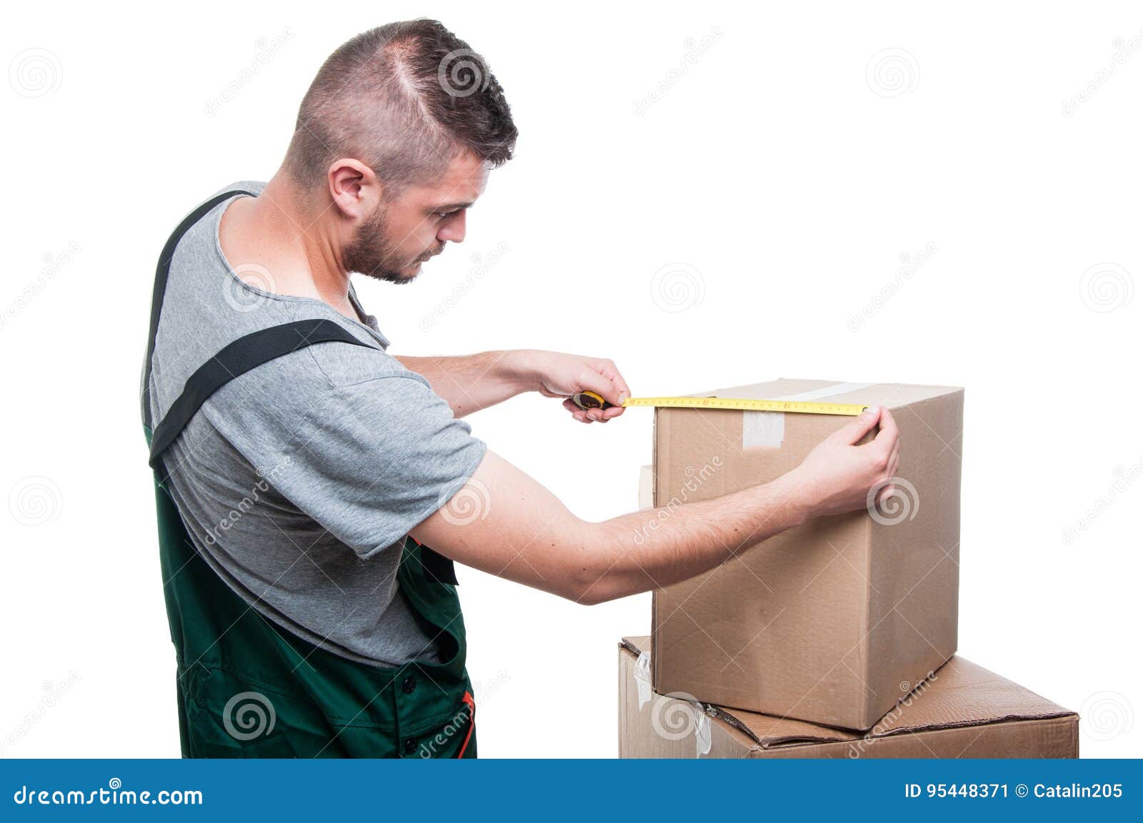 Mover Guy Measuring Cardboard Box with Ruler Tape Stock Image - Image ...