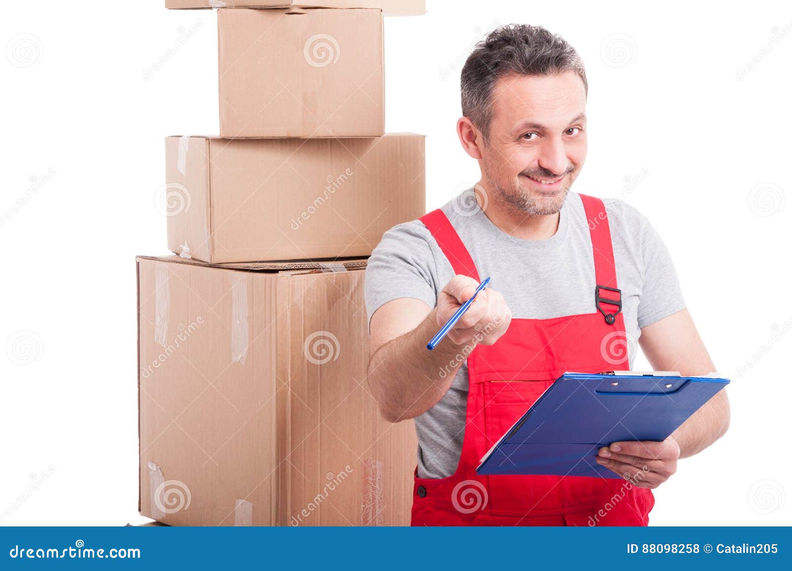 Mover Guy Smiling and Offering for Signing on Clipboard Stock Photo ...