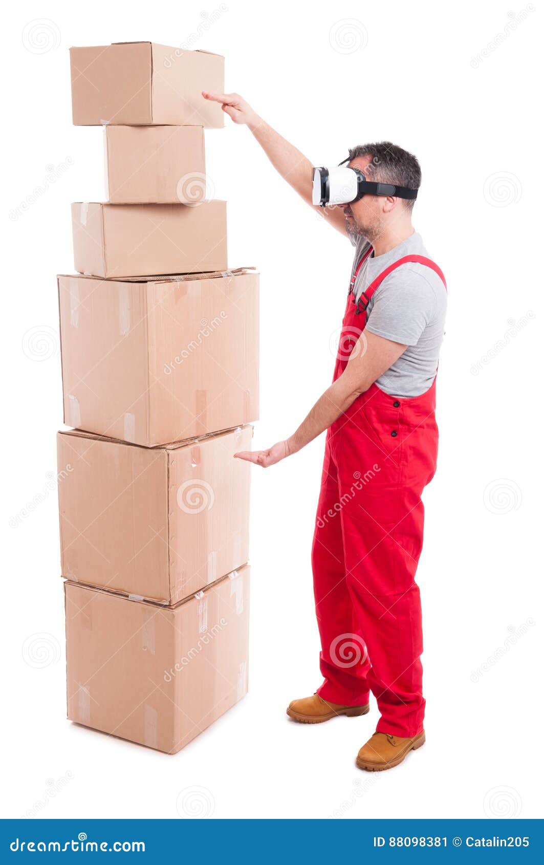 Mover Guy Wearing Virtual Reality Glasses Measuring Boxes Stock Image ...