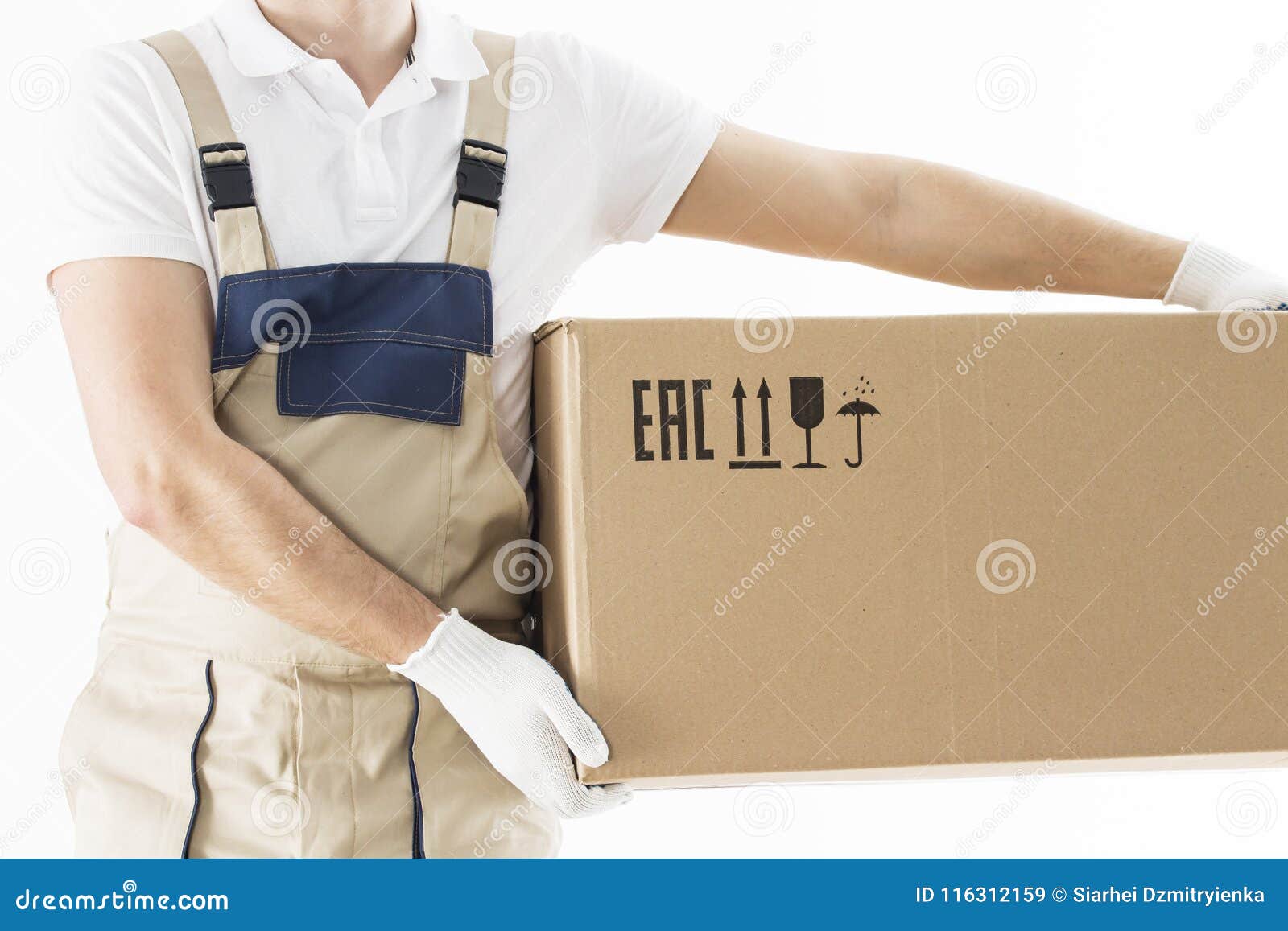 Mover Holding in Hands Cardboard Box Isolated on White Background ...