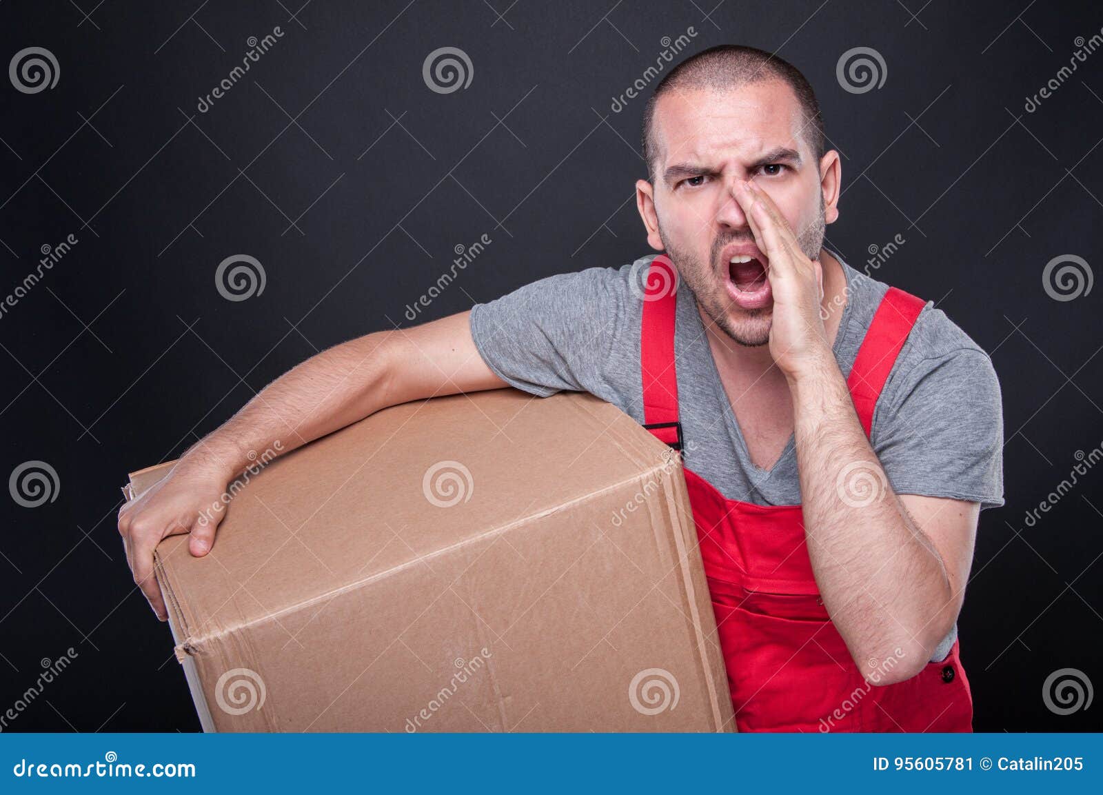 Mover Man Holding Box and Screaming Loud Stock Image - Image of packing ...