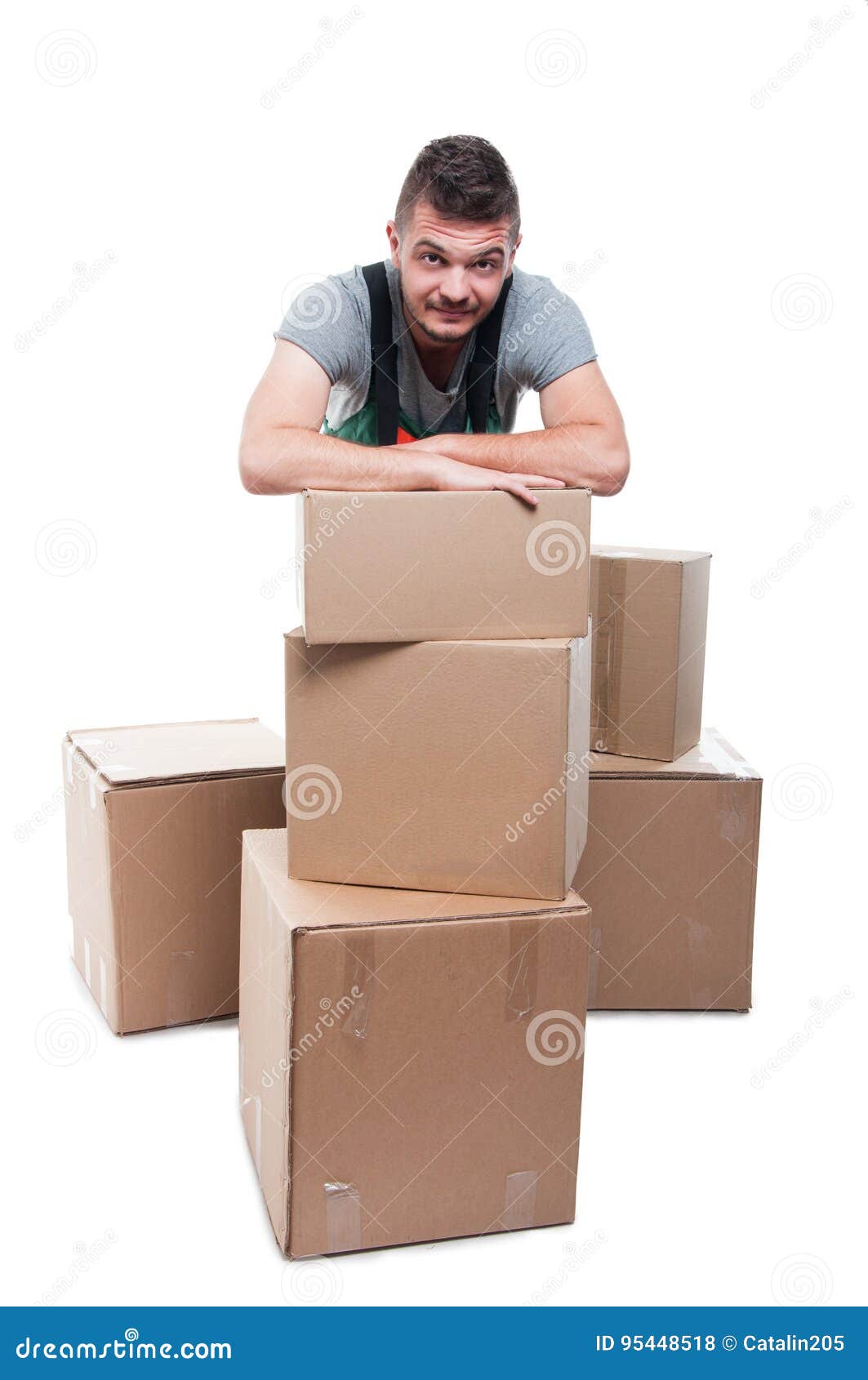 Mover Man Posing Behind Cardboard Boxes Stock Photo - Image of ...