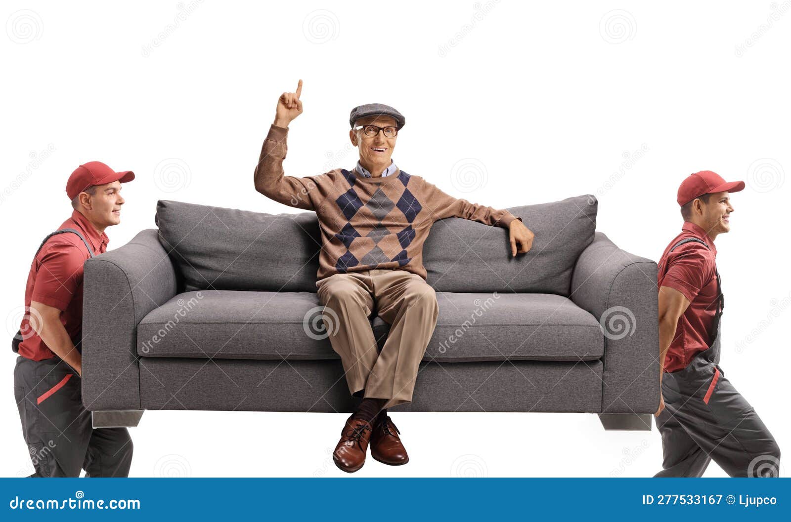 Movers Carrying an Elderly Man Seated on a Sofa and Pointing Up Stock ...