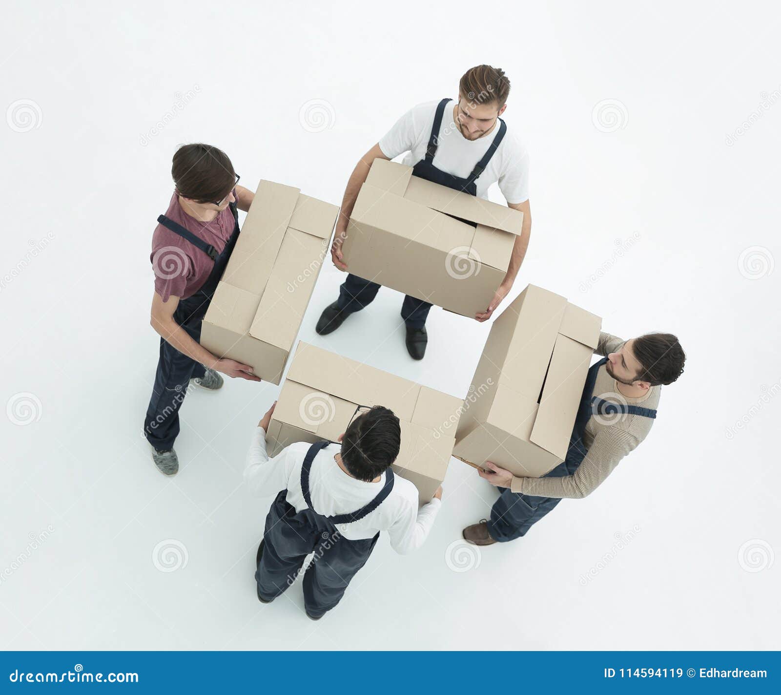 Delivery Men with Cardboard Boxes on White Background. Stock Image ...