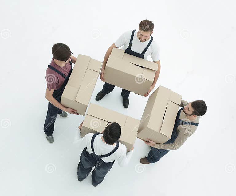 Delivery Men with Cardboard Boxes on White Background. Stock Image ...