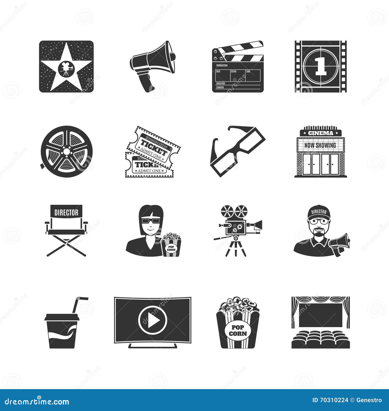 Movie Black Icons Set stock vector. Illustration of director - 70310224