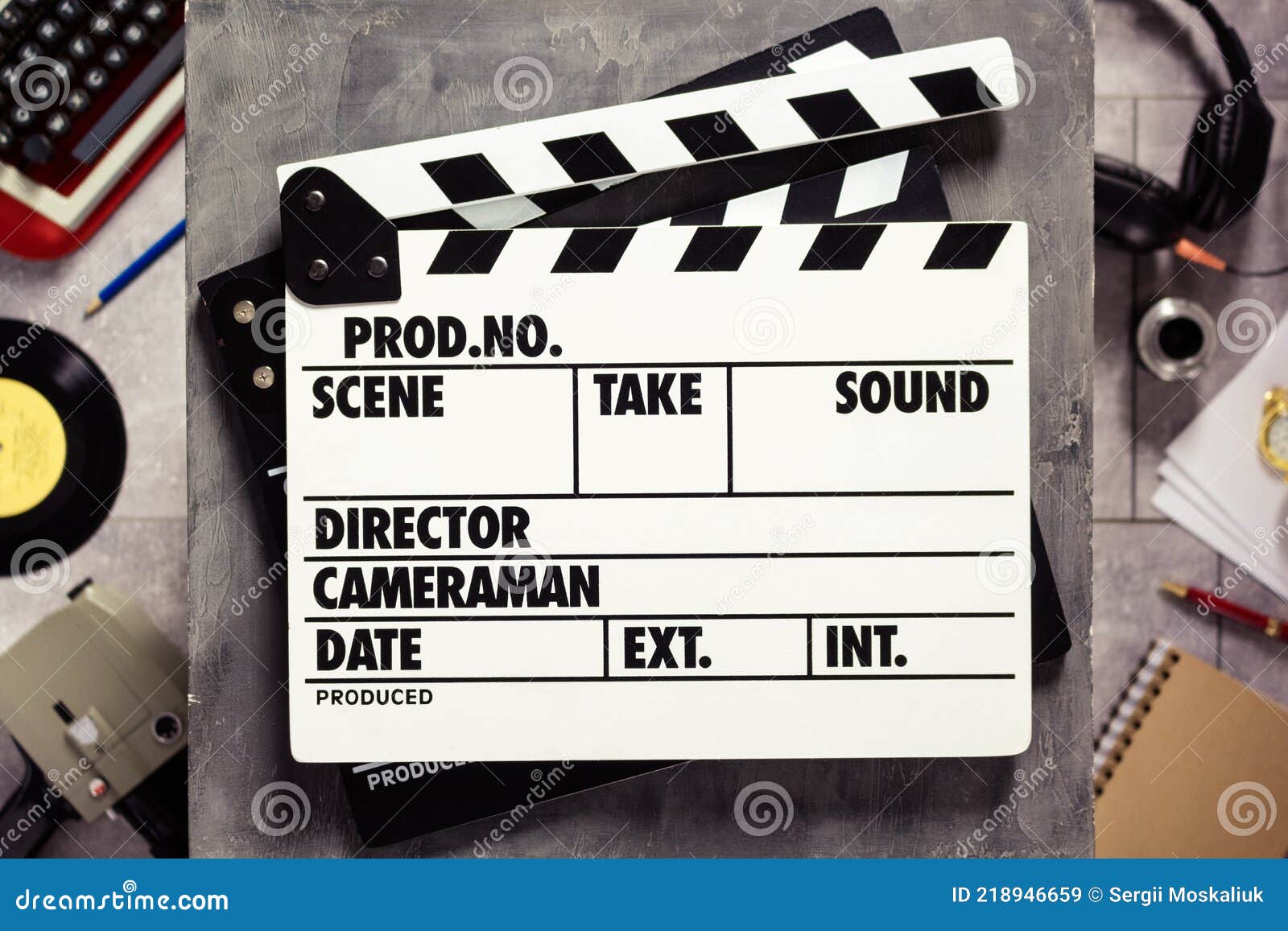 Movie Clapboard or Clapper at Old Table. Clapperboard and Screenwriter ...