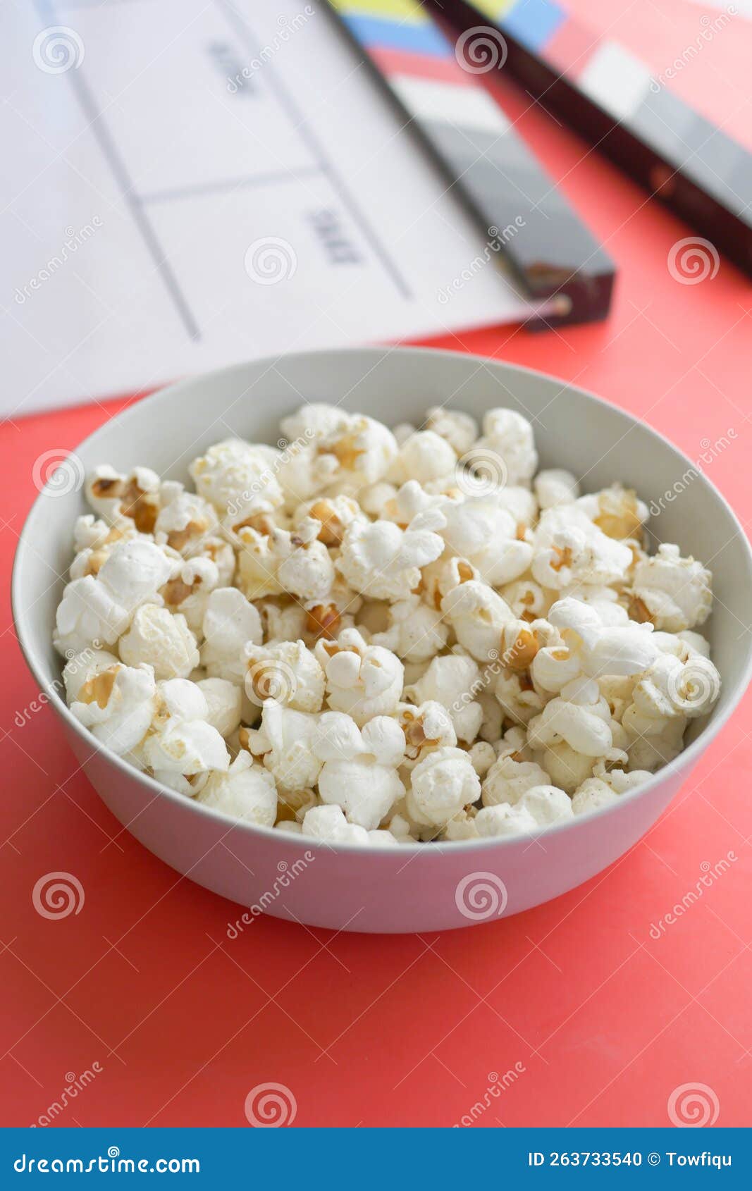 Vertical Shot of Movie Clapper Board and Popcorn on Table Top View ...