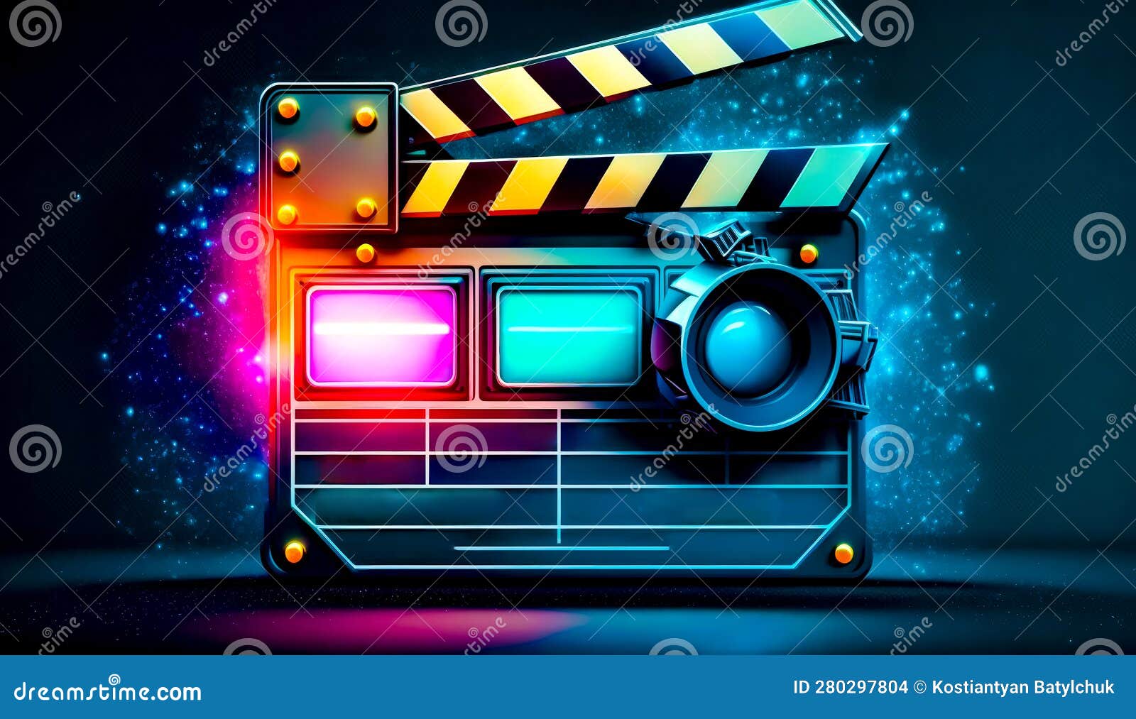 Movie Clapper and Movie Camera on Dark Background with Stars ...