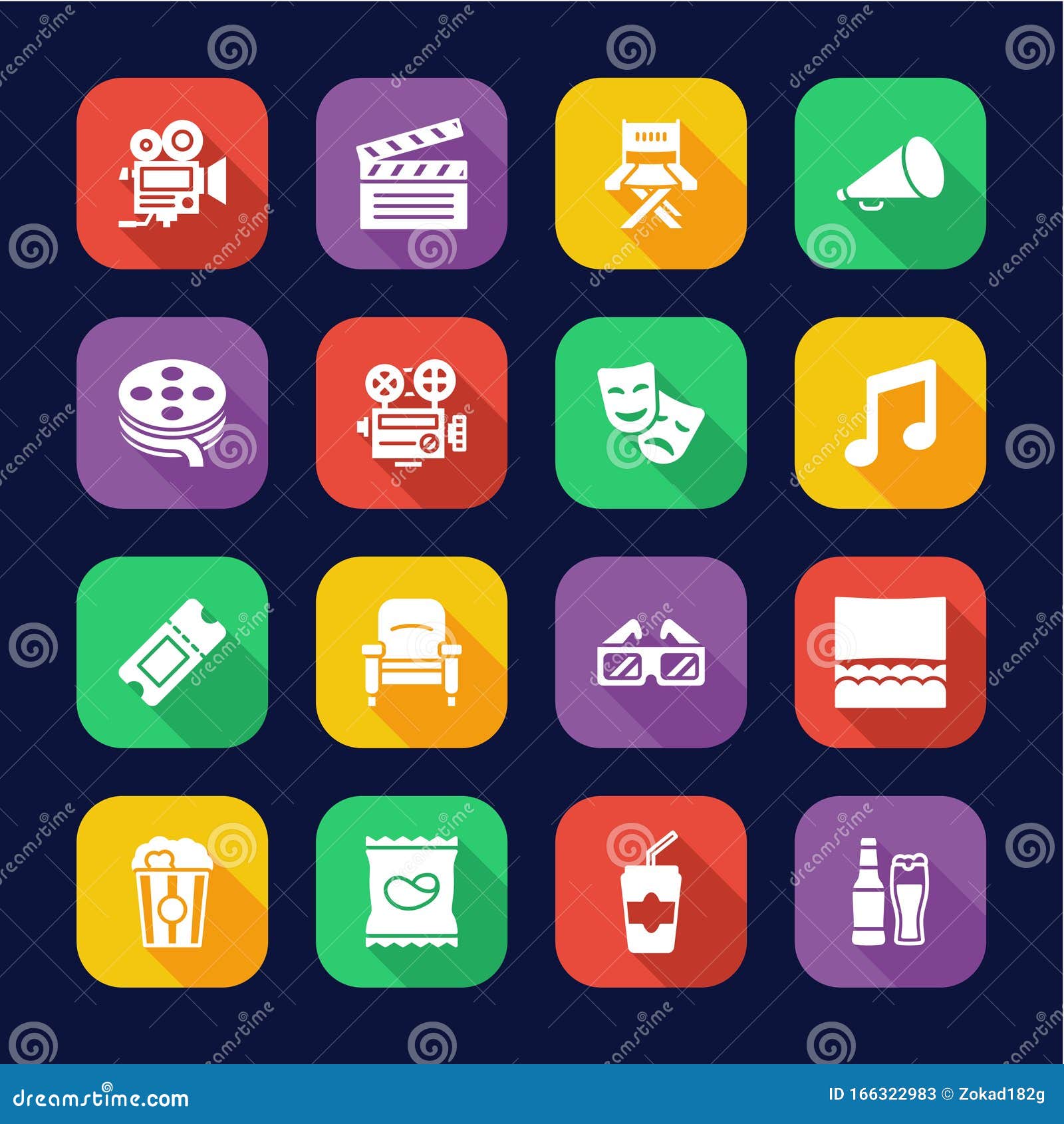 Movie Icons Flat Design Set Stock Vector - Illustration of film ...