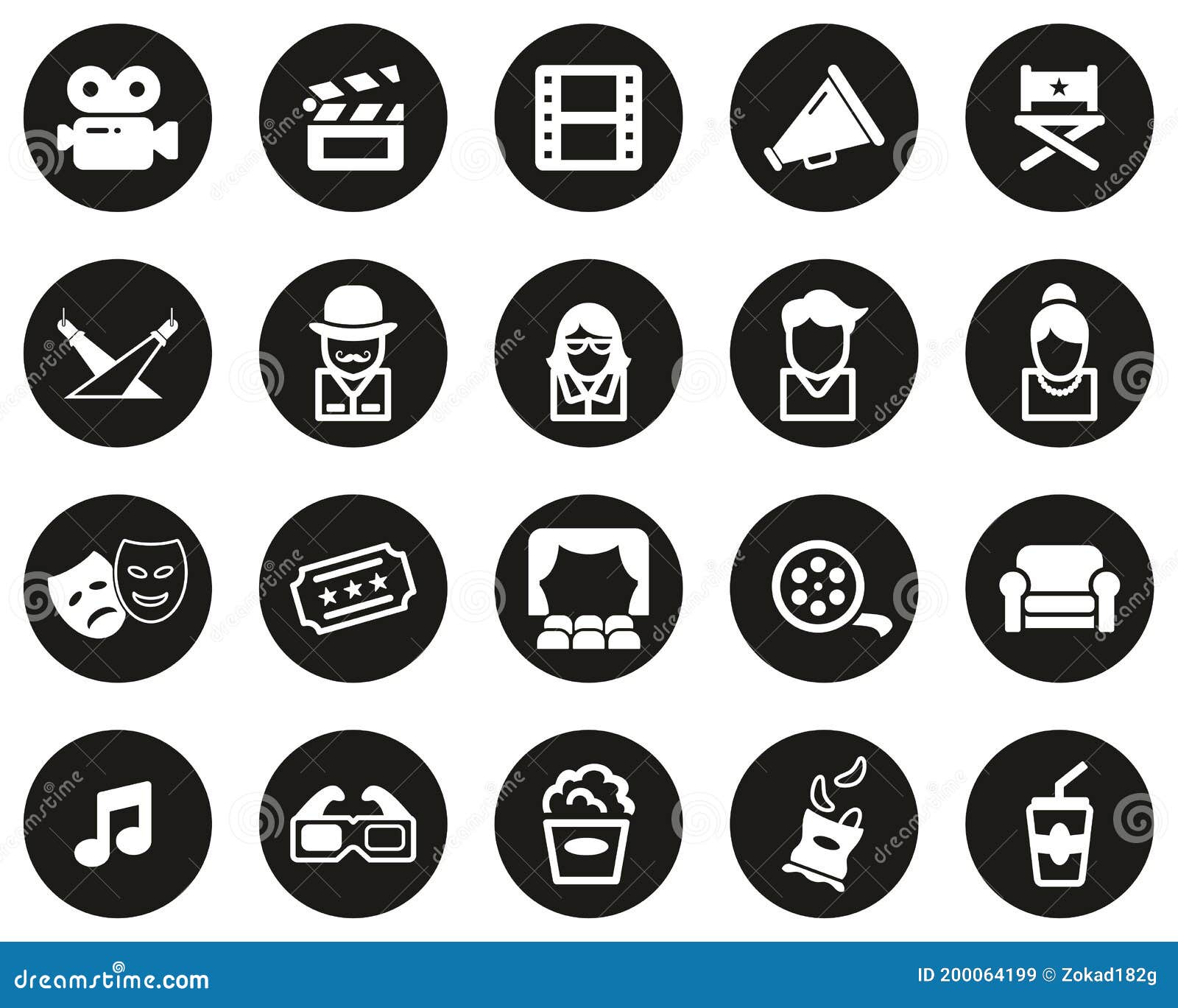 Movie or Movie Industry Icons White on Black Flat Design Circle Set Big ...