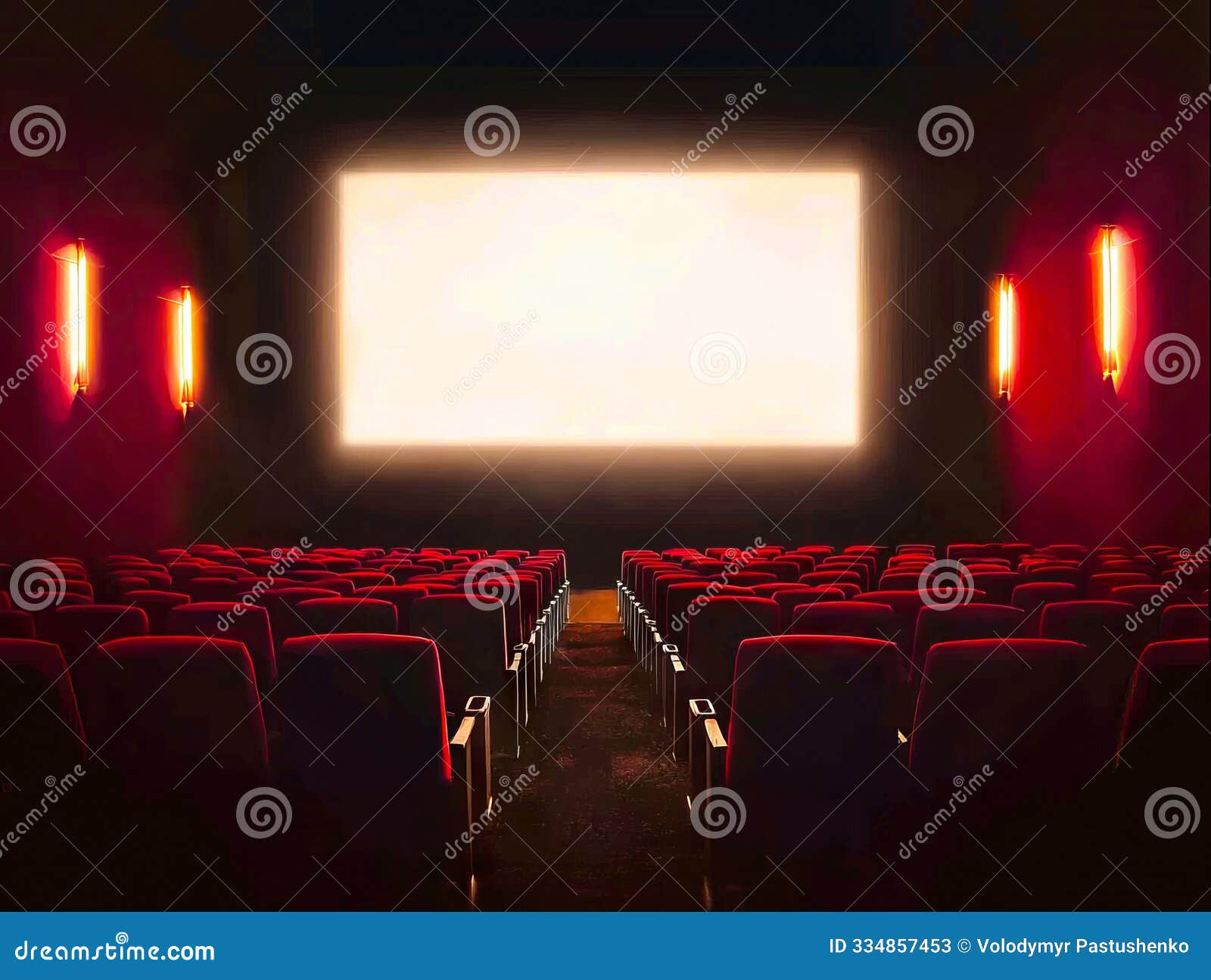 A Movie Theater with Rows of Red Chairs and a Projector Screen Stock ...