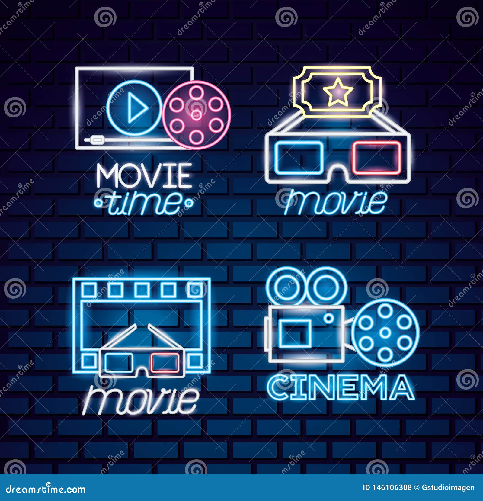 Movie time neon stock illustration. Illustration of background - 146106308