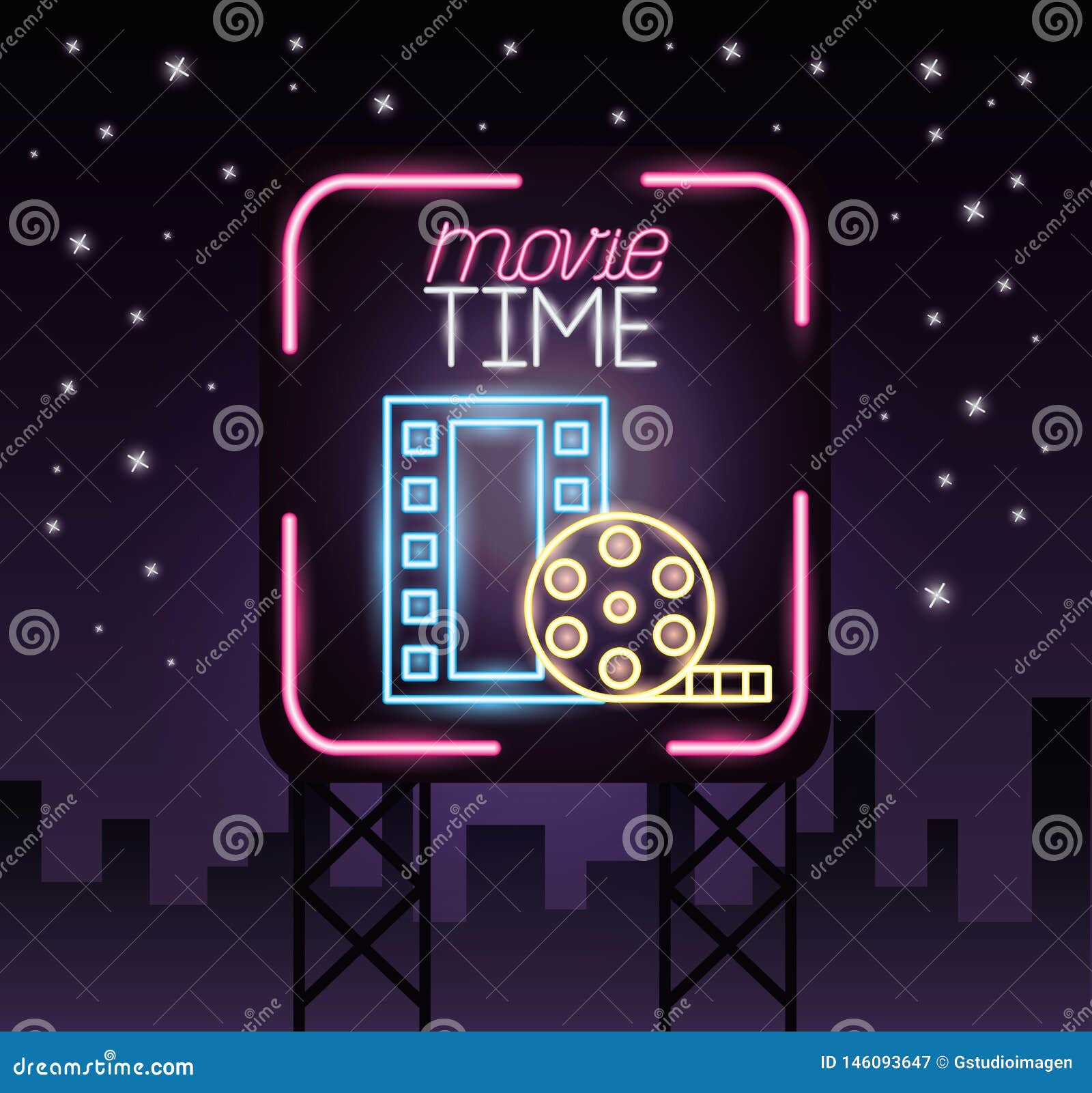Movie time neon stock illustration. Illustration of neon - 146093647