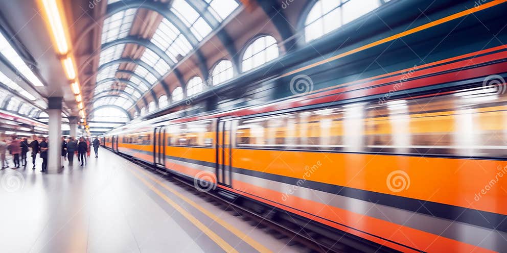 Moving, Blurred Train in a Modern Train Station or Terminal. Colorful ...