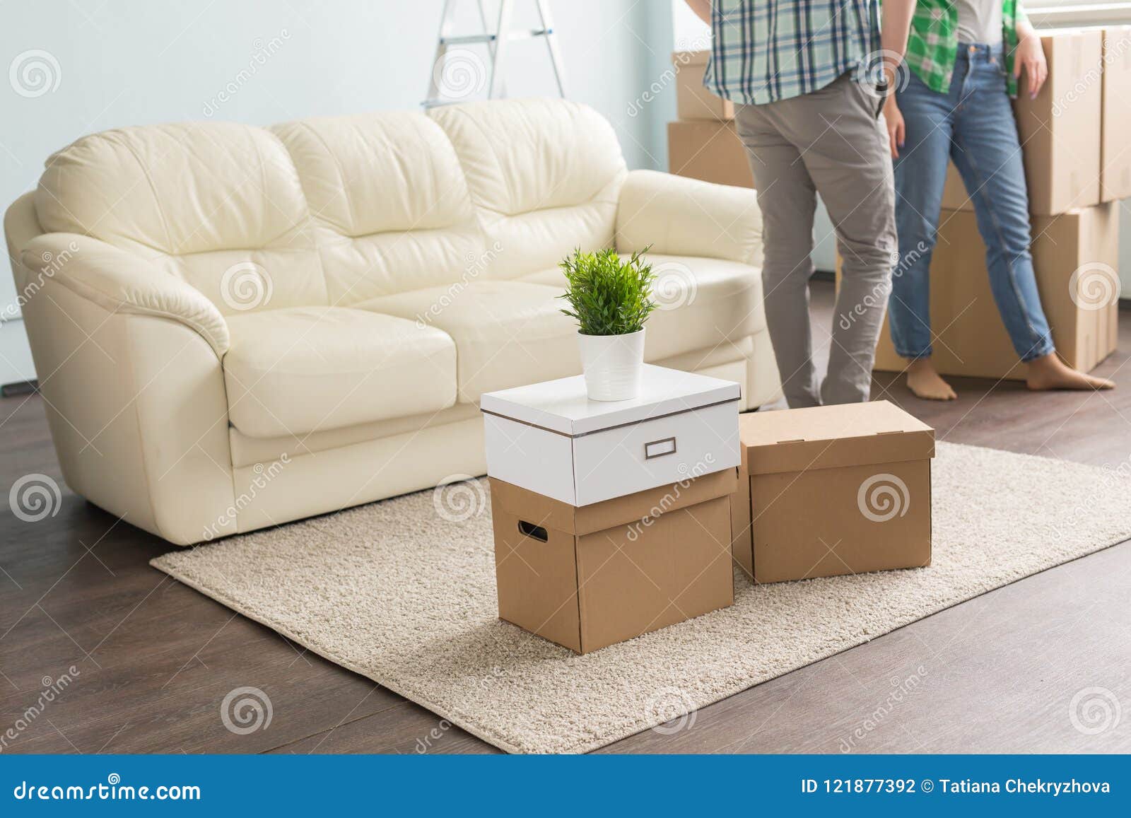Moving Boxes on Carpet Infront of Young Couple and Sofa Stock Photo ...