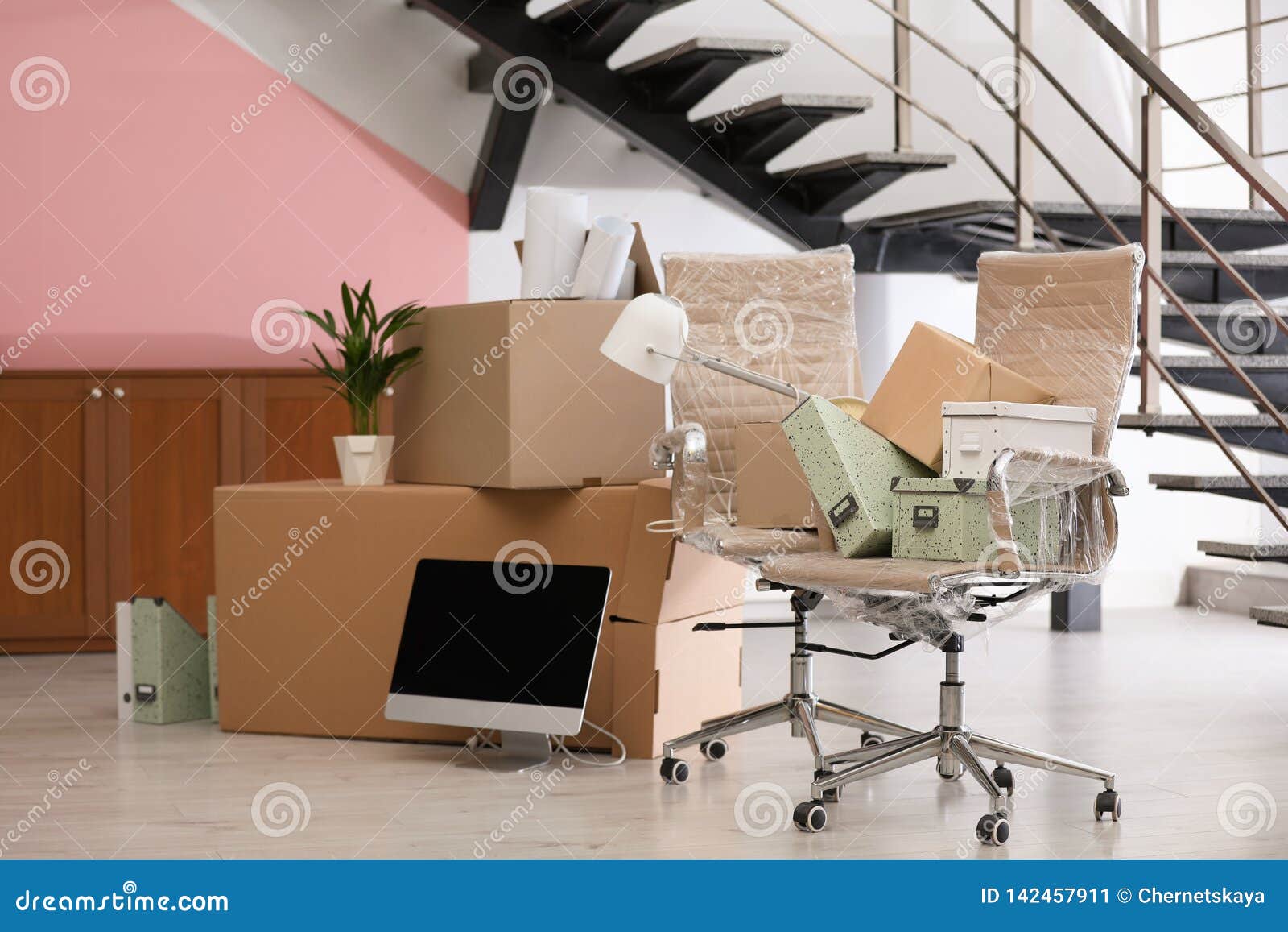 Moving Boxes and Furniture in Office Stock Image - Image of heap ...