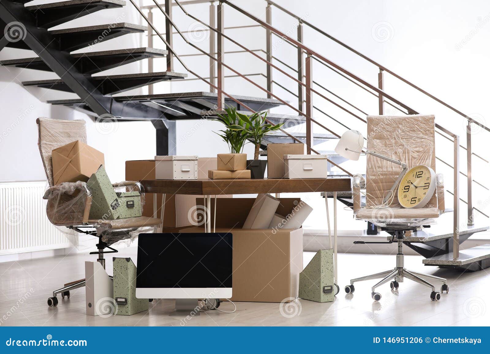 Moving Boxes and Furniture in Office Stock Photo - Image of relocation ...