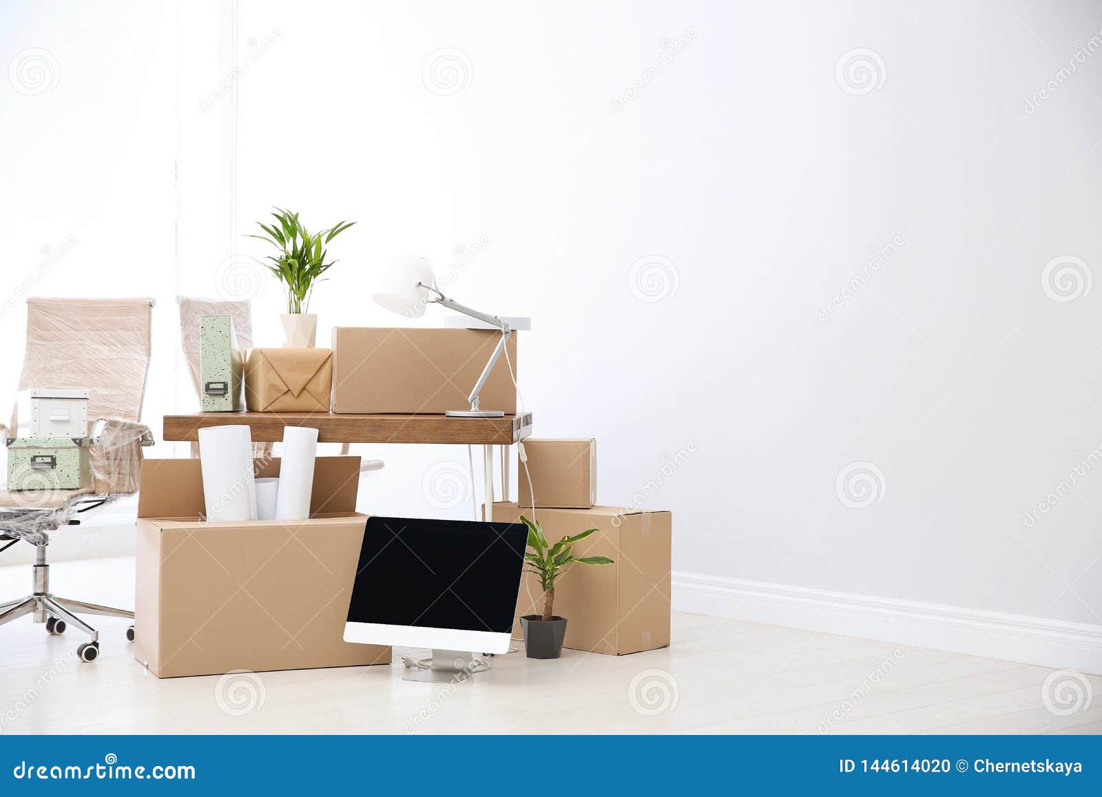 Moving Boxes and Furniture in New Office. Stock Photo - Image of ...