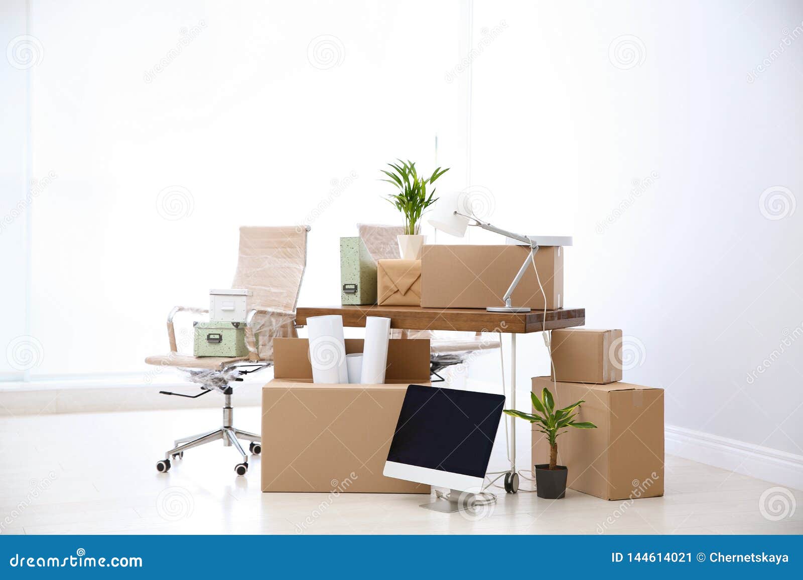 Moving Boxes and Furniture in New Office. Stock Image - Image of floor ...