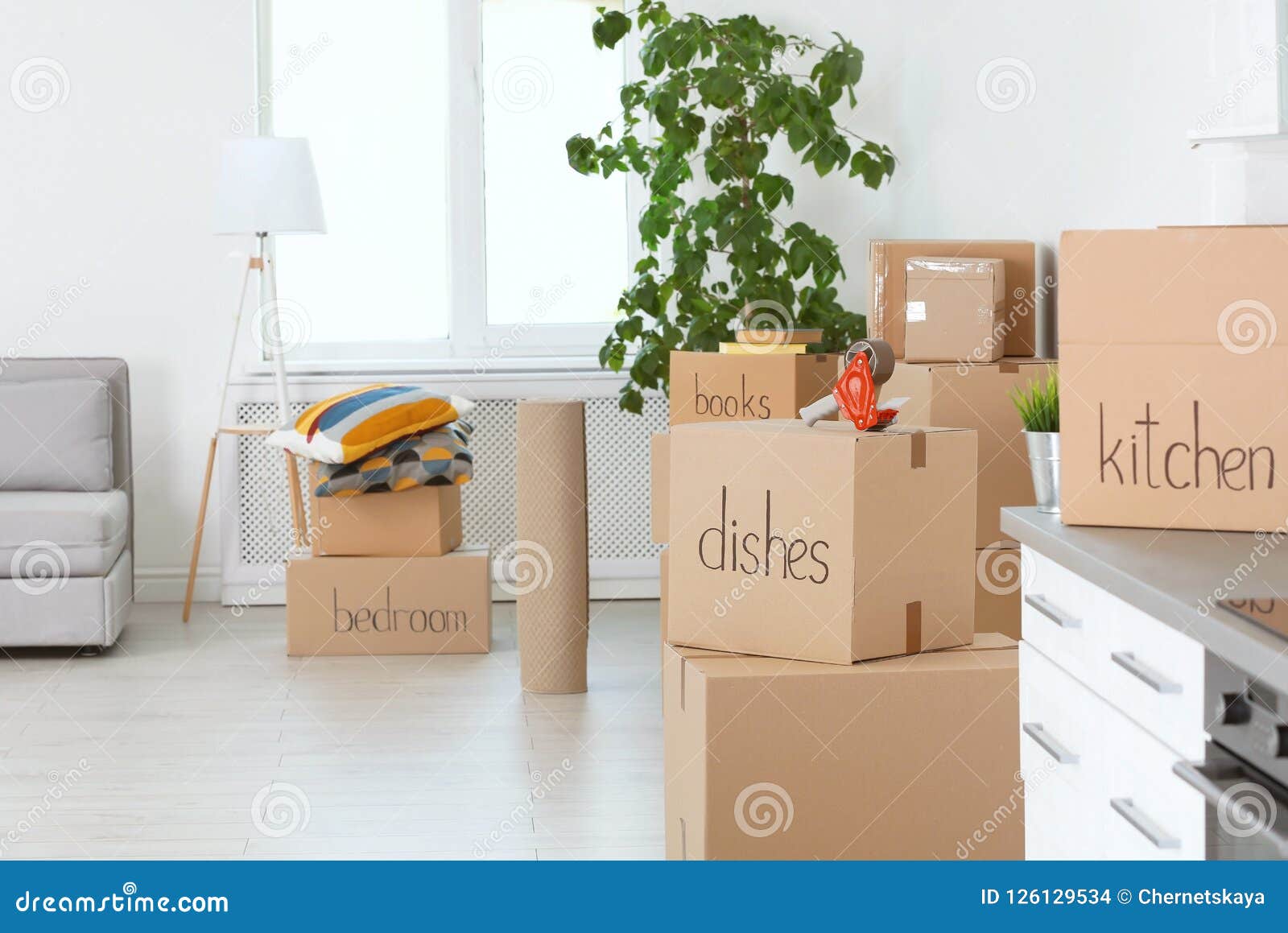 Moving Boxes and Household Stuff Indoors. Stock Photo - Image of parcel ...