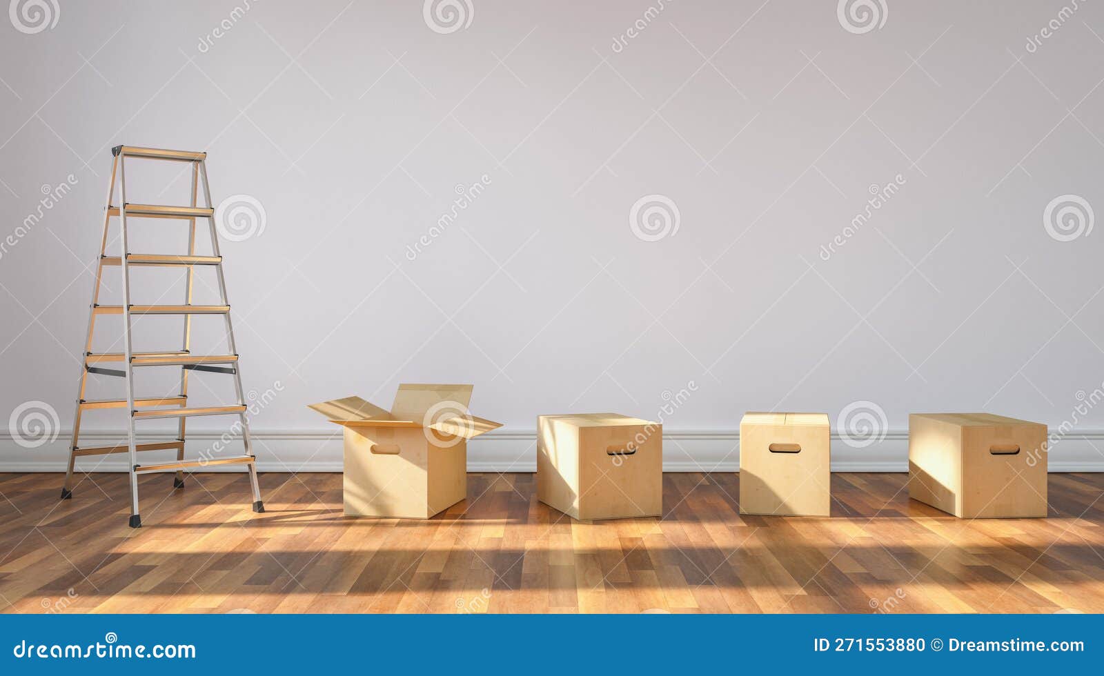 Moving Boxes and Ladder in Empty Room in Front of a White Wall Stock ...