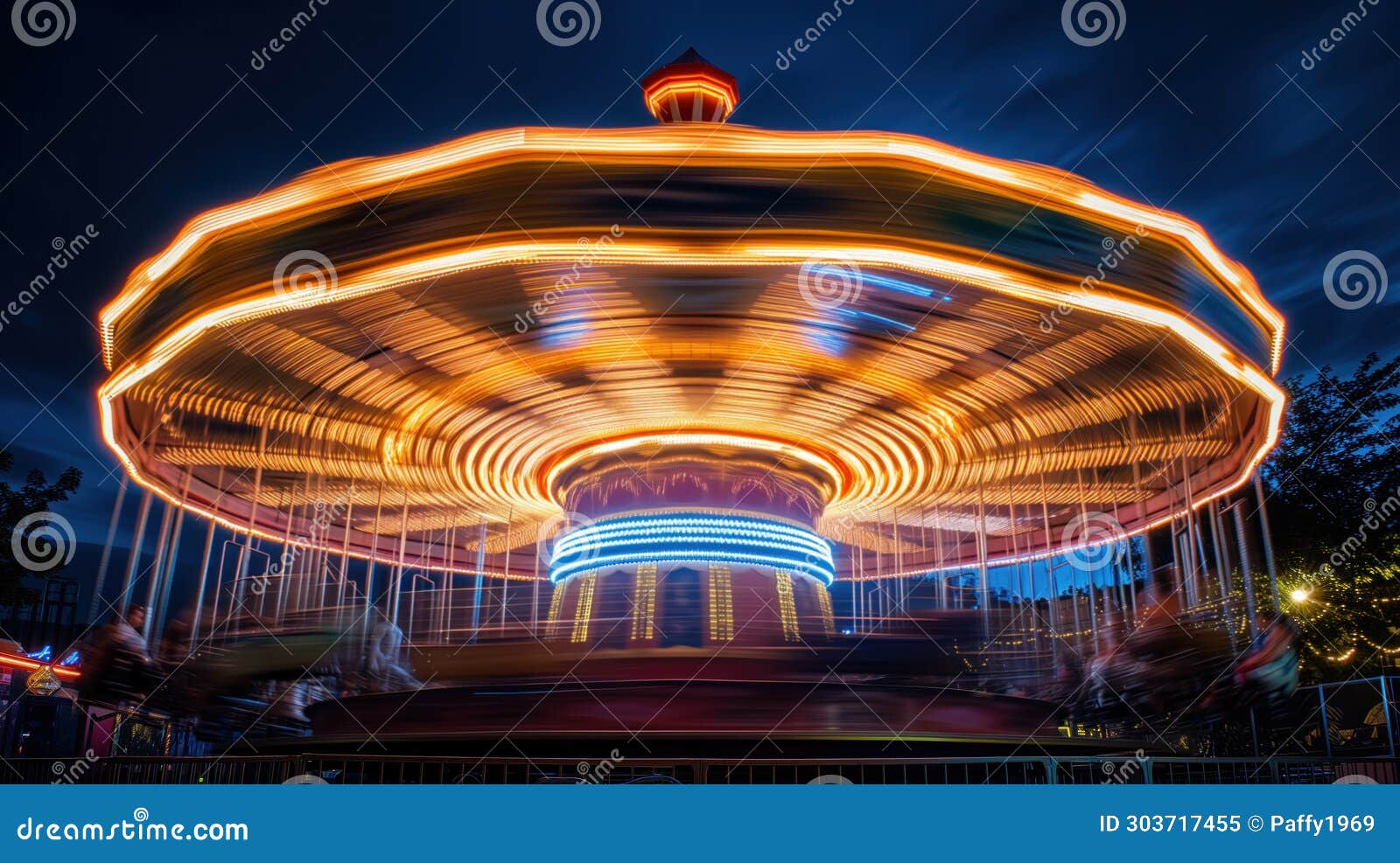 Moving Carousel at Evening, Long Exposure, Light Trails. Stock Image ...