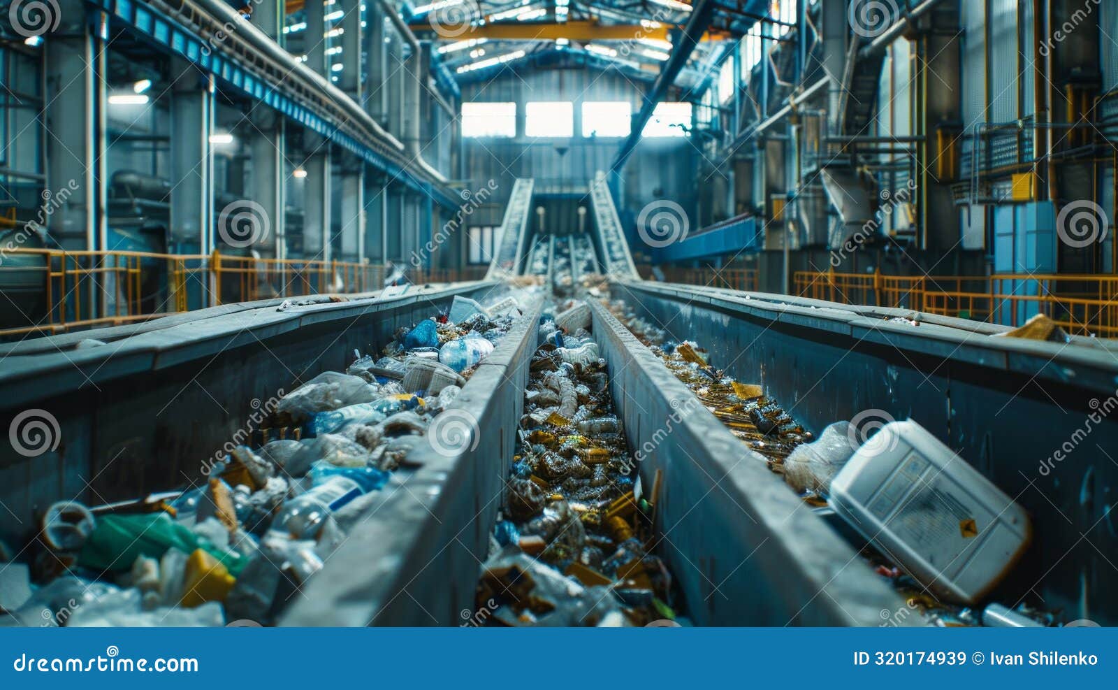 Moving Conveyor Transporter on Modern Waste Recycling Processing Plant ...