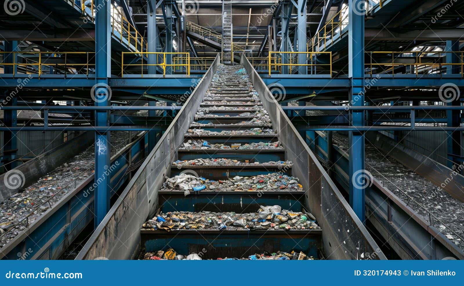 Moving Conveyor Transporter on Modern Waste Recycling Processing Plant ...