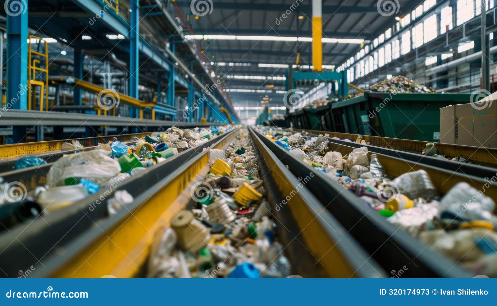 Moving Conveyor Transporter on Modern Waste Recycling Processing Plant ...