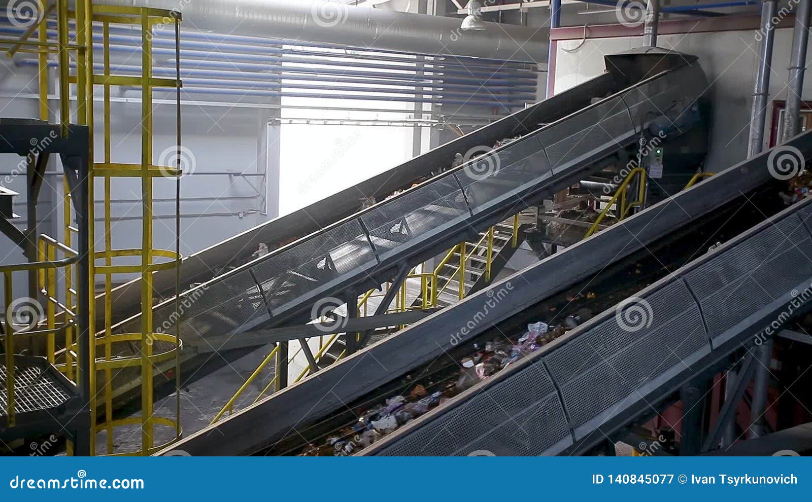 Moving Conveyor Transporter on Modern Waste Recycling Processing Plant ...