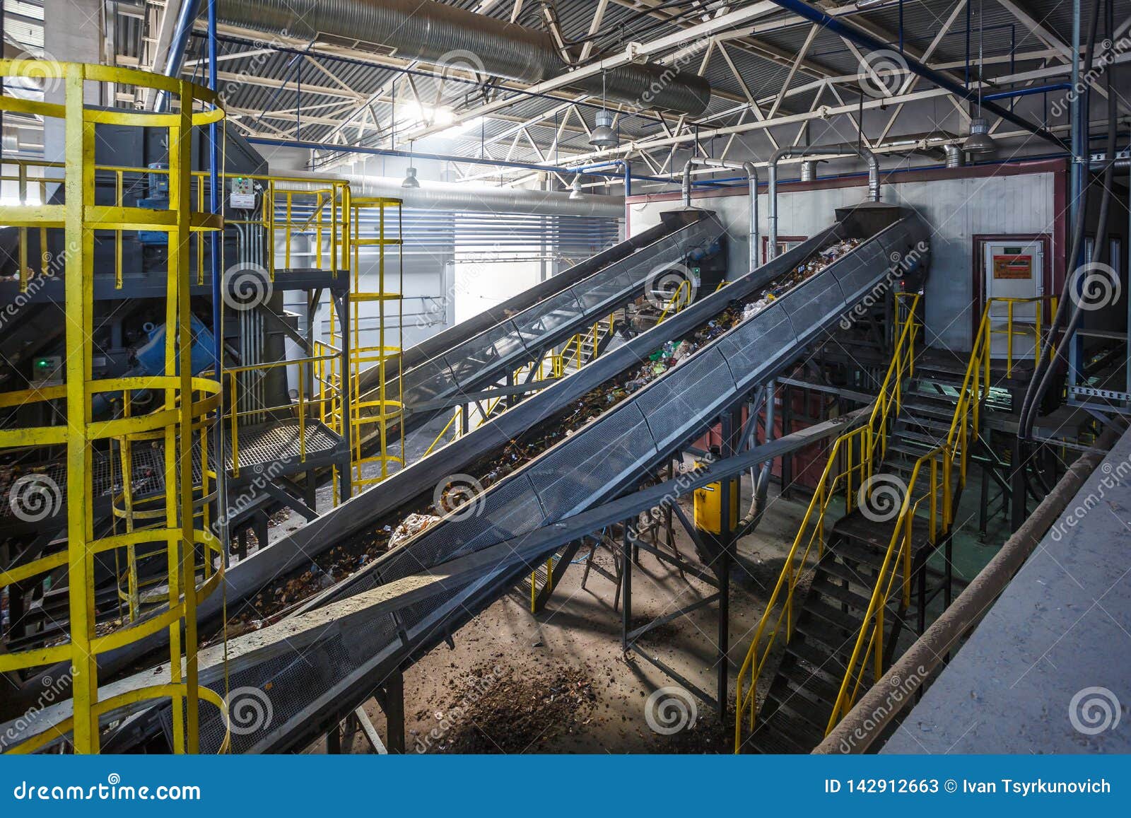 Moving Conveyor Transporter on Modern Waste Recycling Processing Plant ...