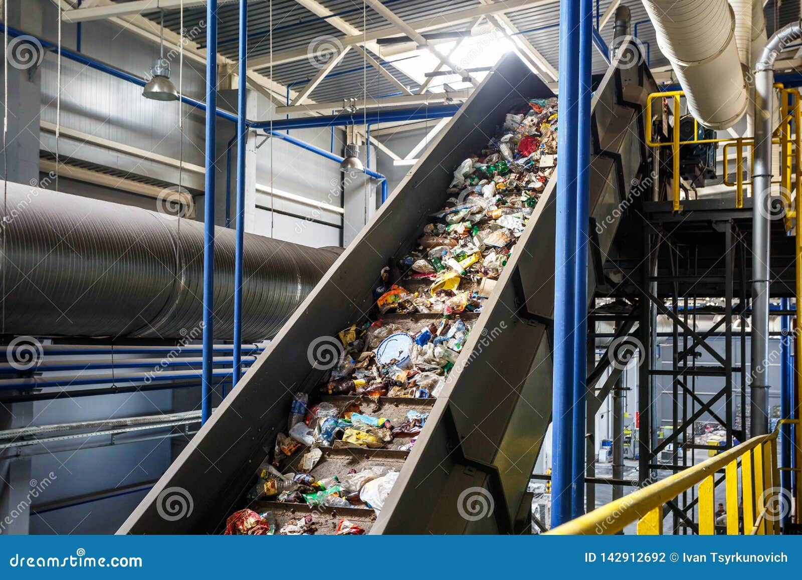 Moving Conveyor Transporter on Modern Waste Recycling Processing Plant ...