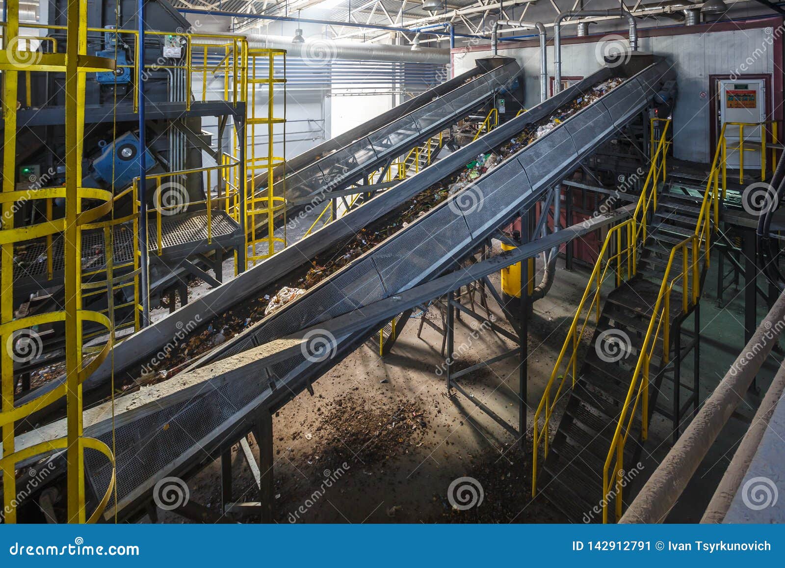 Moving Conveyor Transporter on Modern Waste Recycling Processing Plant ...