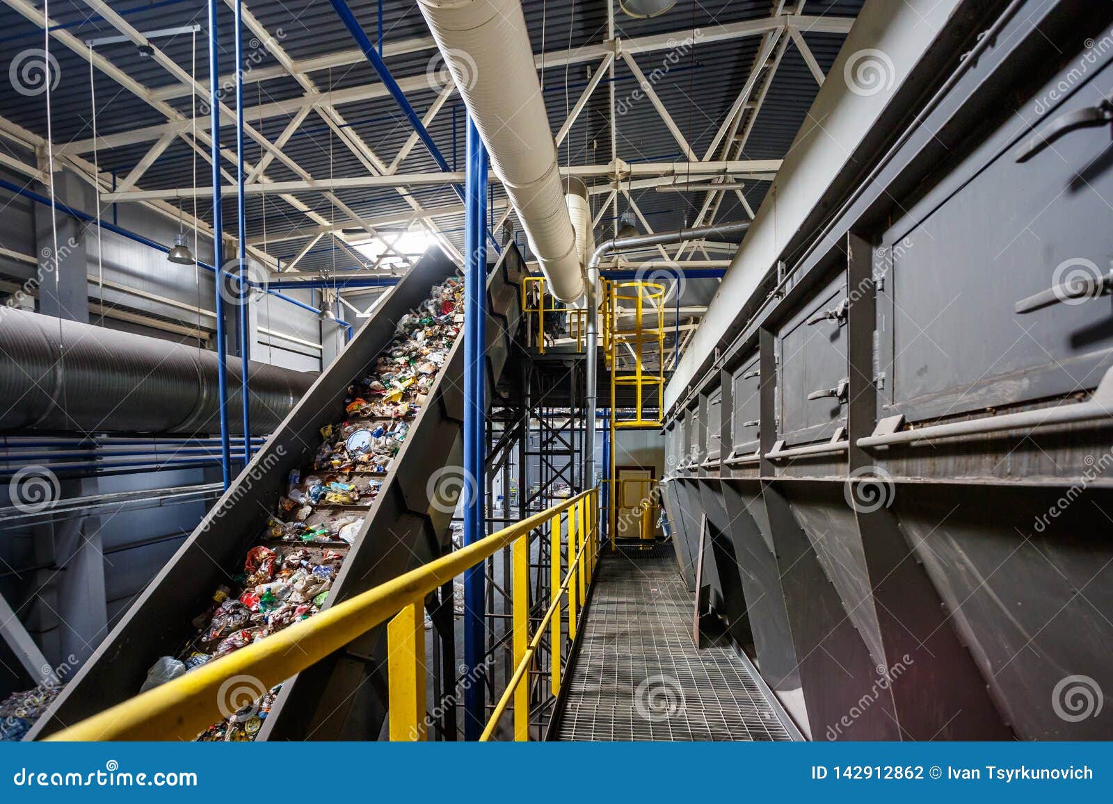 Moving Conveyor Transporter on Modern Waste Recycling Processing Plant ...